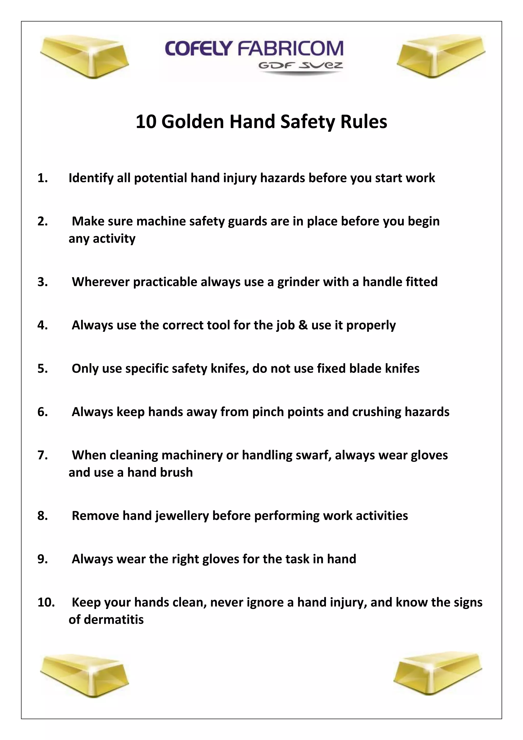 10 golden hand safety rules poster | PDF