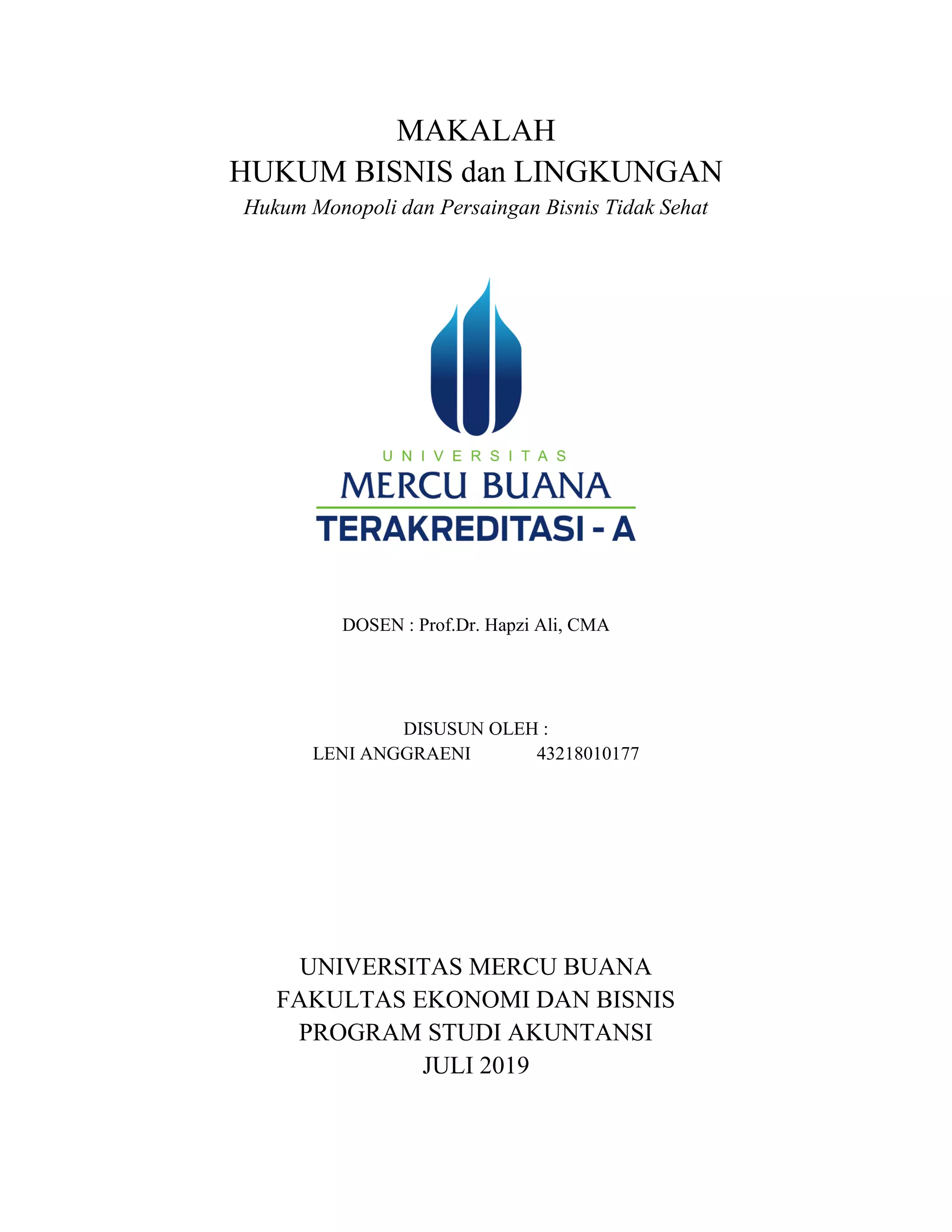 10, hbl, Leni Anggraeni, Hapzi Ali, Hukum Monopoli dan Persaingan Bisnis Tidak Sehat ...
