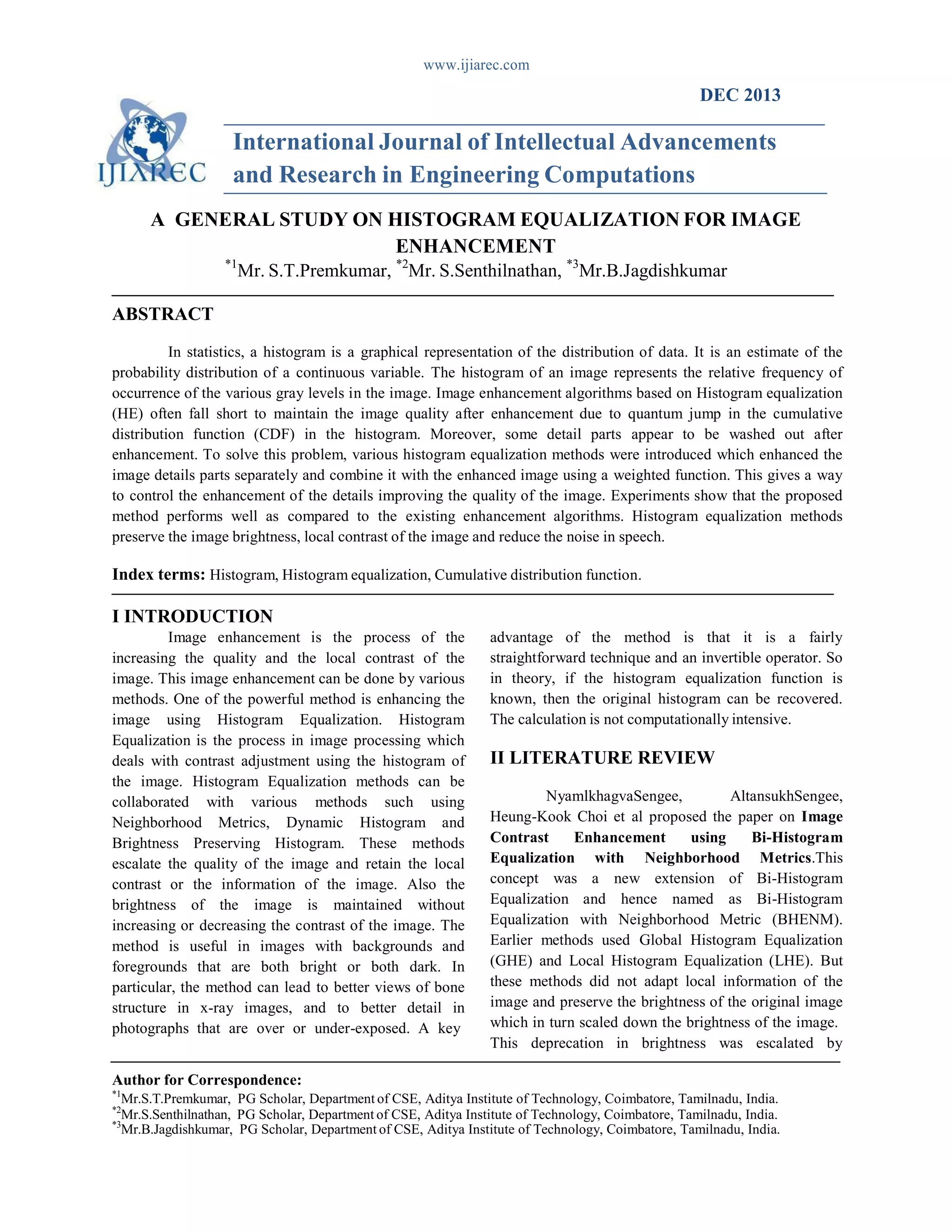 A GENERAL STUDY ON HISTOGRAM EQUALIZATION FOR IMAGE ENHANCEMENT | PDF ...