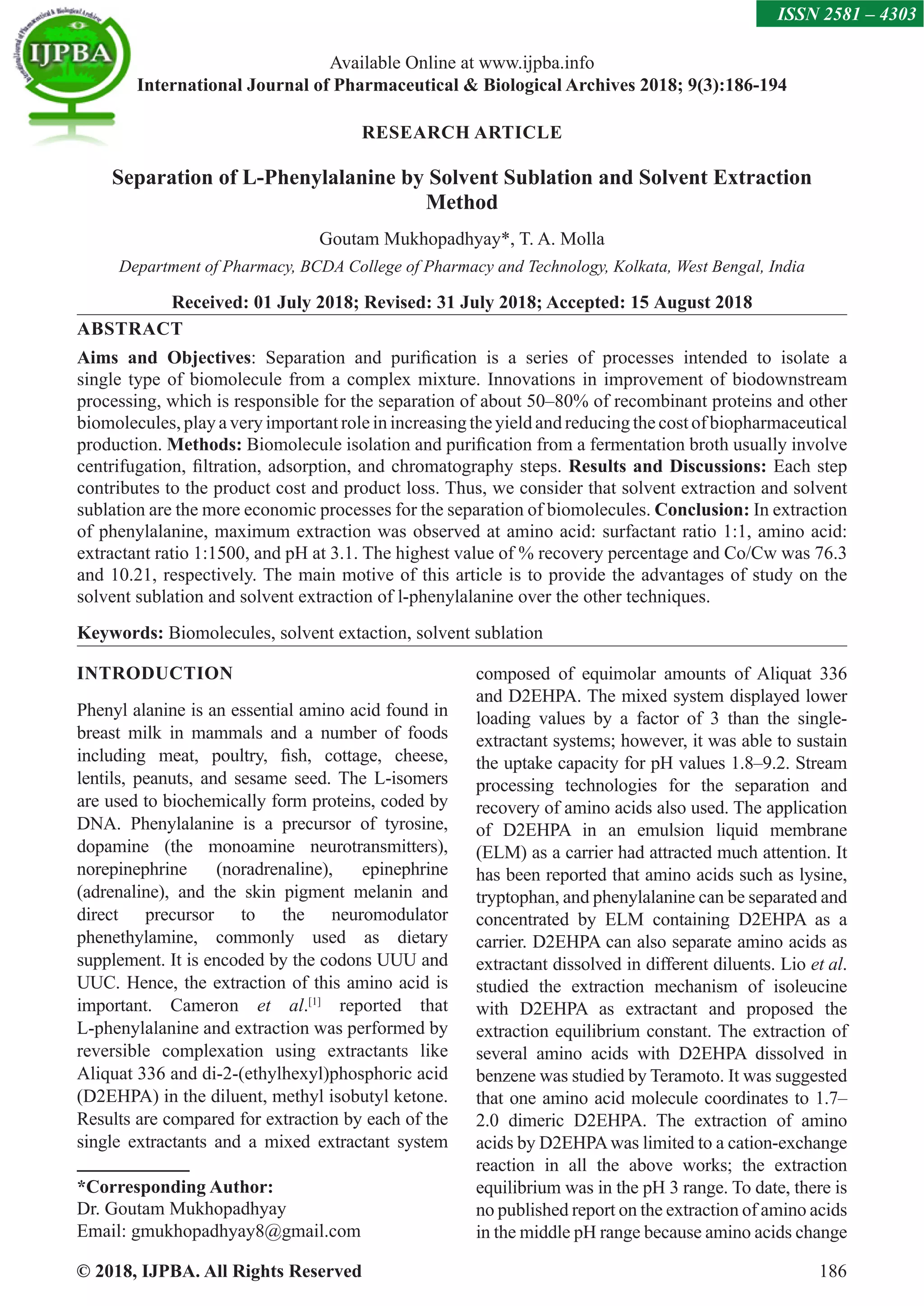 Separation of L-Phenylalanine by Solvent Sublation and Solvent ...