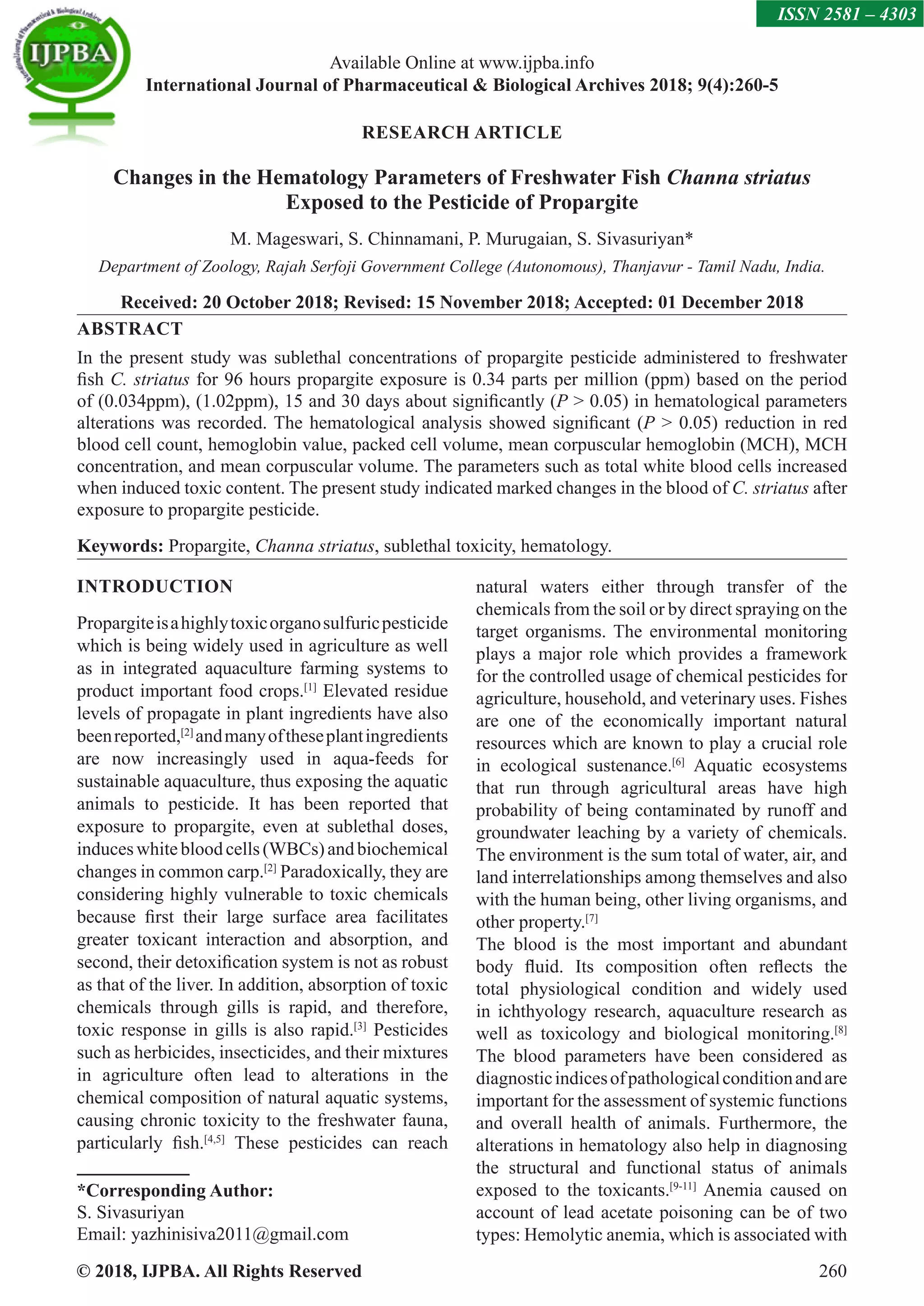 Changes in the Hematology Parameters of Freshwater Fish Channa striatus ...