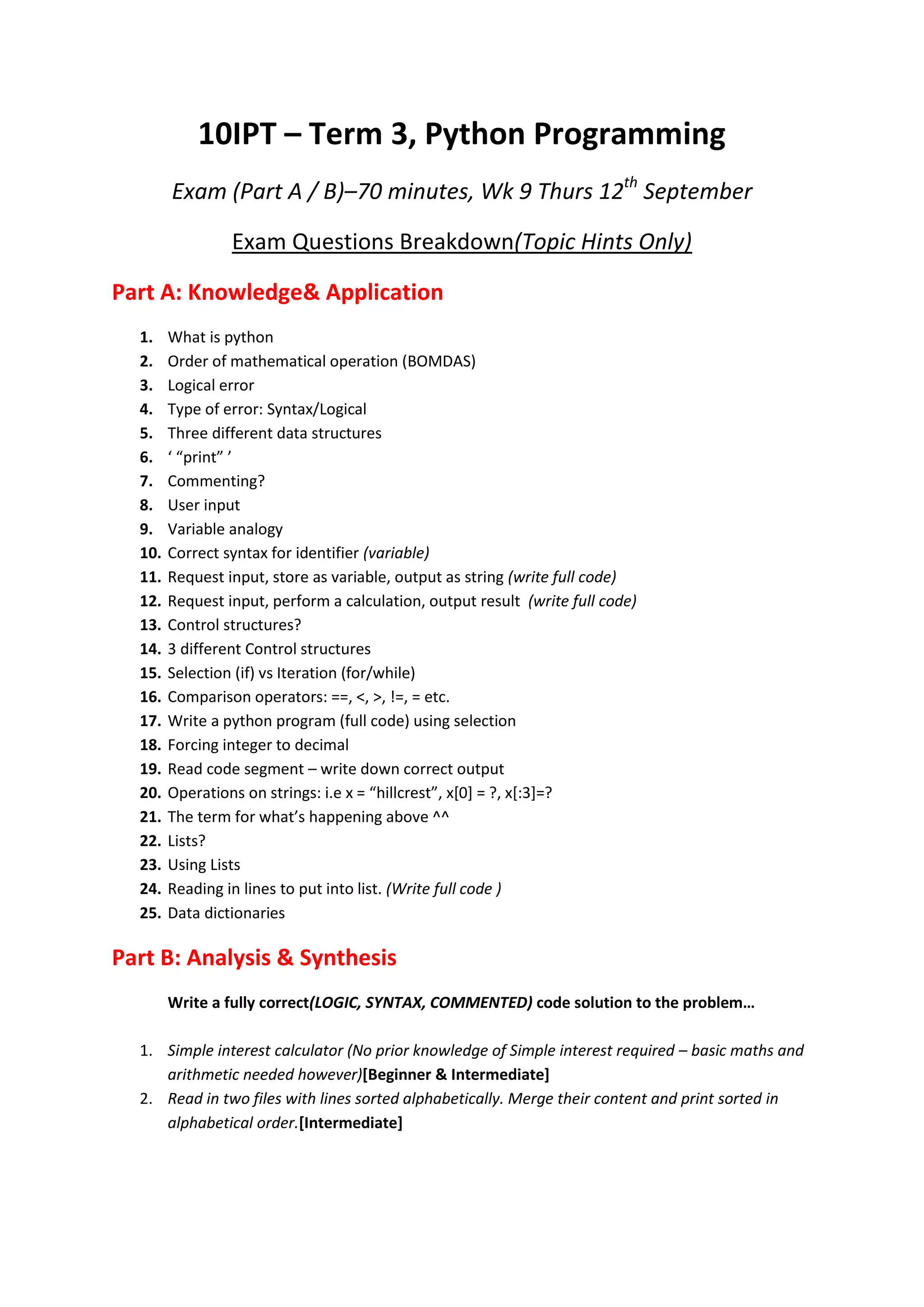 10 ipt python exam breakdown | PDF