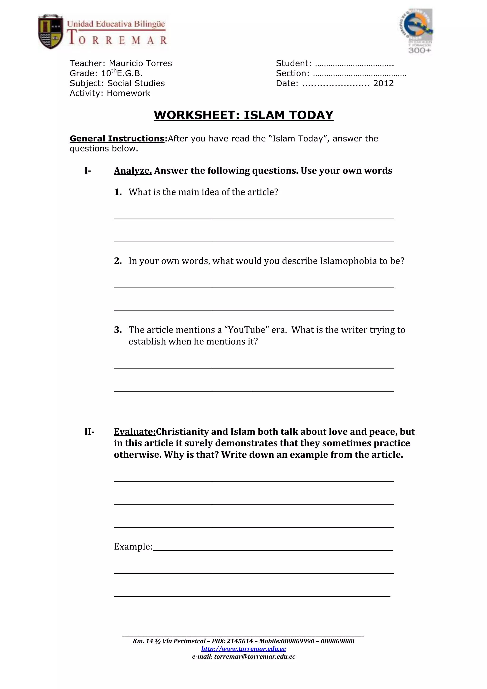Islam Today Worksheet | DOCX