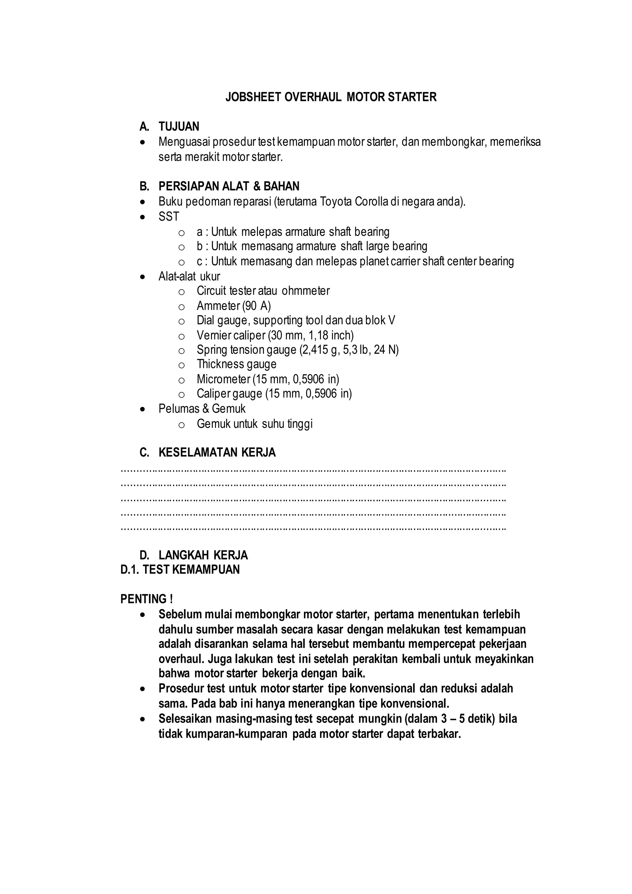 Jobsheet Overhaul Motor Starter | DOCX