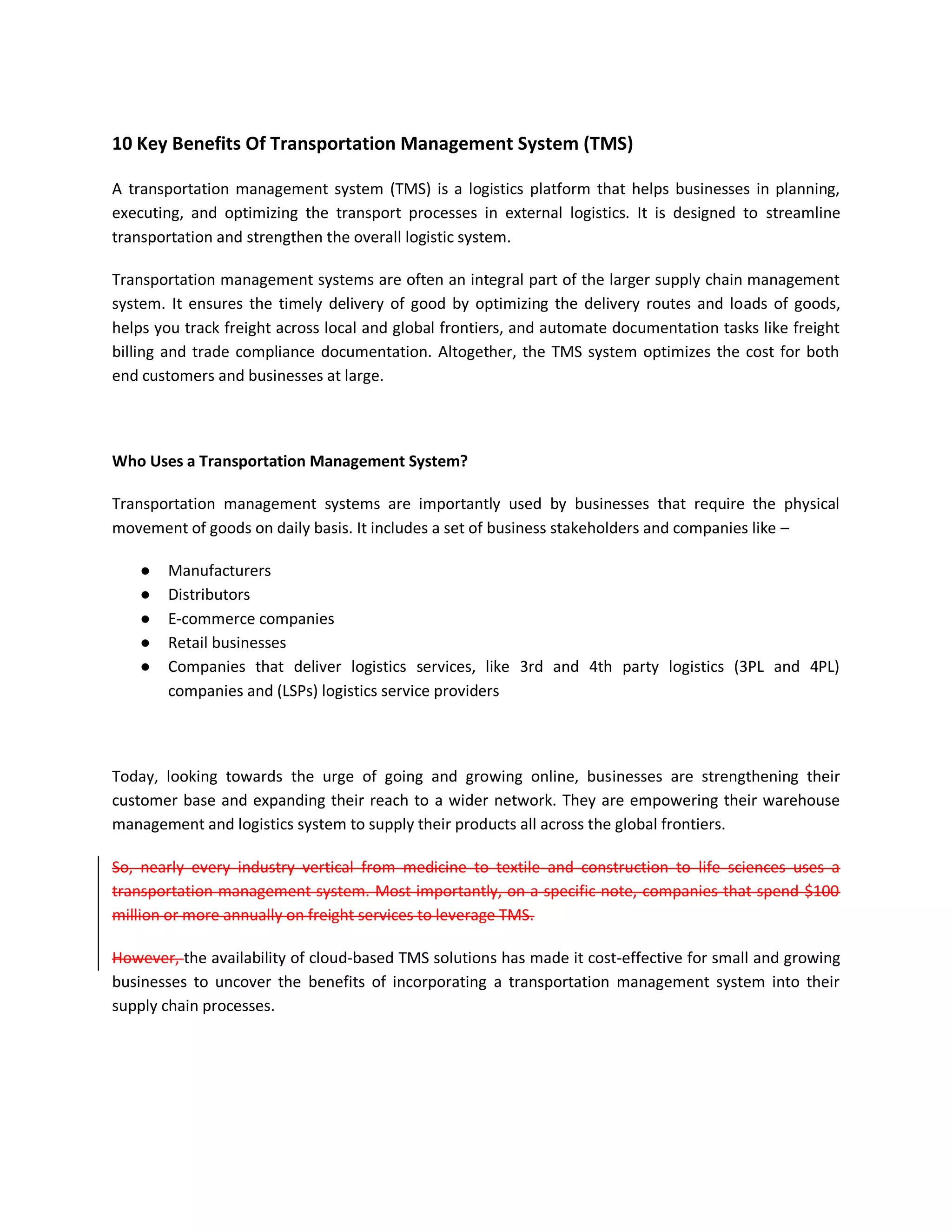 10 Key Benefits Of Transportation Management System (TMS) | PDF