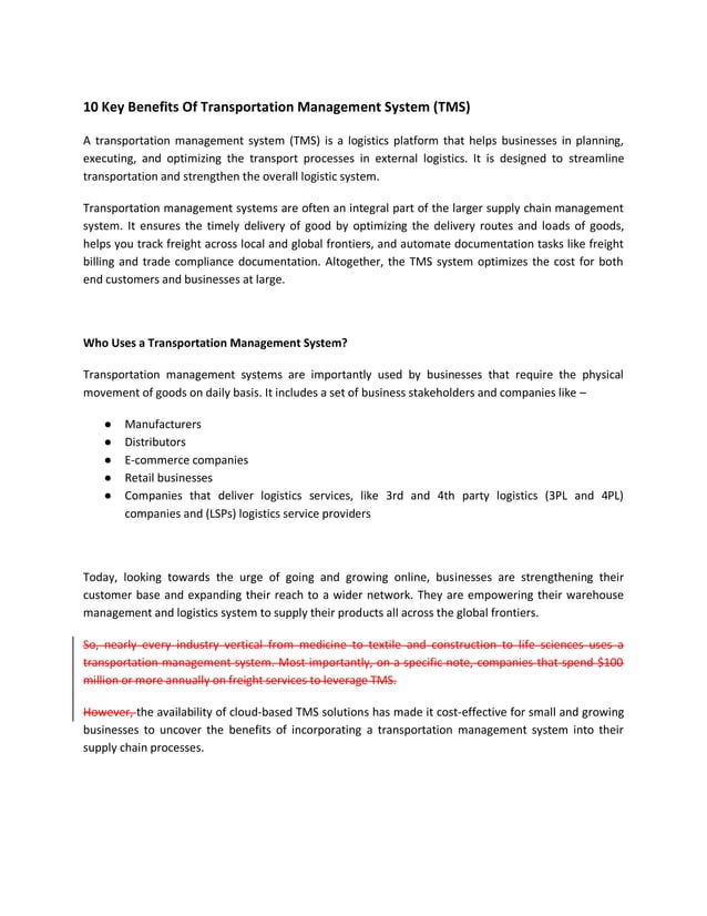 10 Key Benefits Of Transportation Management System (TMS) | PDF