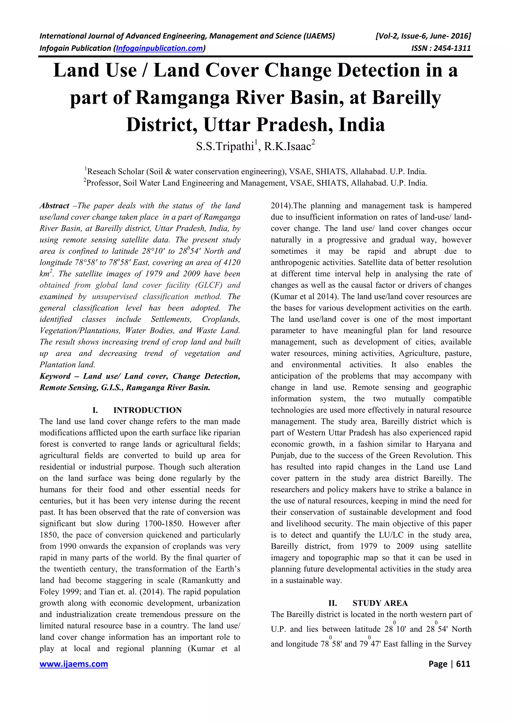 land use land cover change detection in a part of ramganga river basin ...