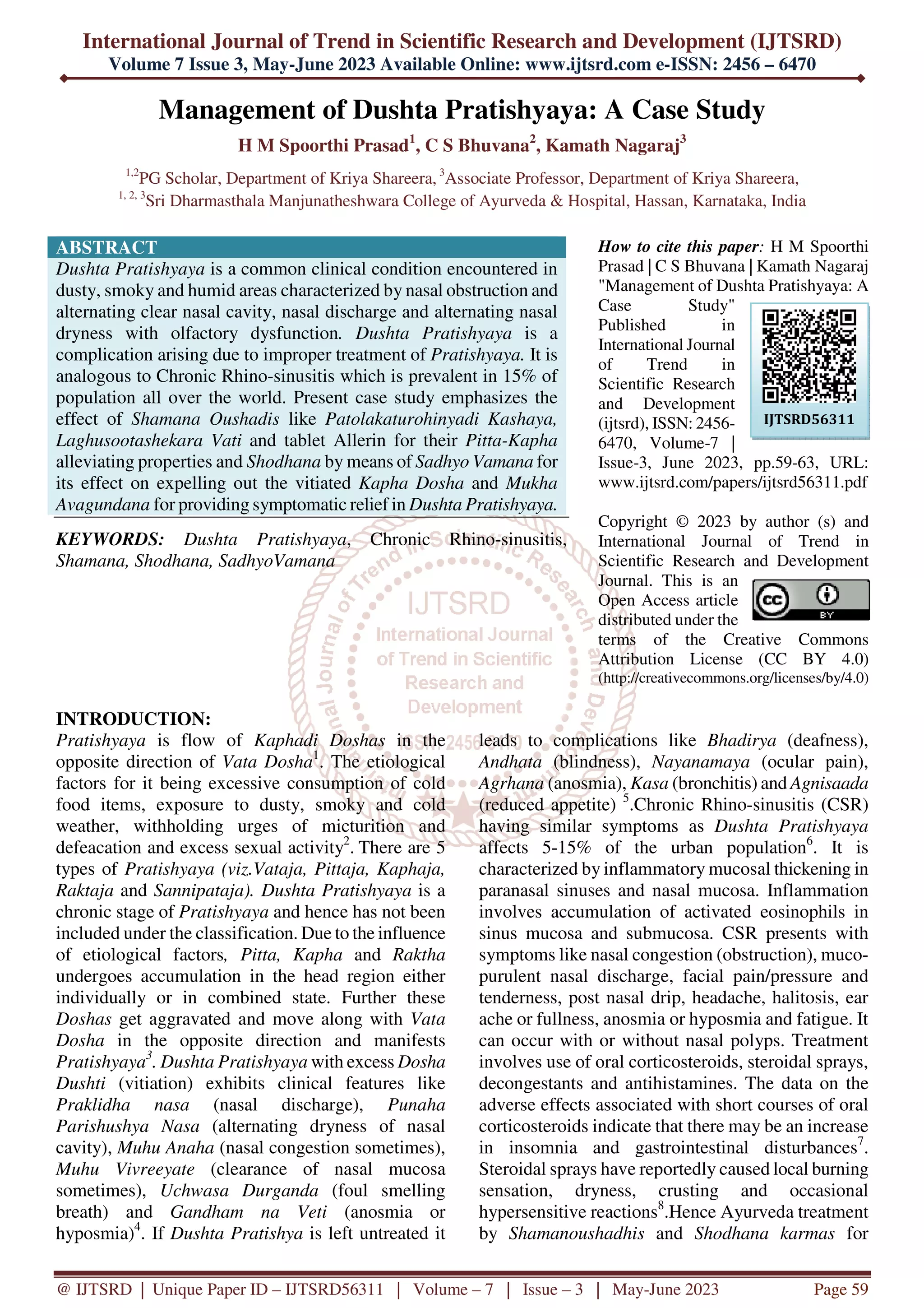 Management of Dushta Pratishyaya A Case Study | PDF
