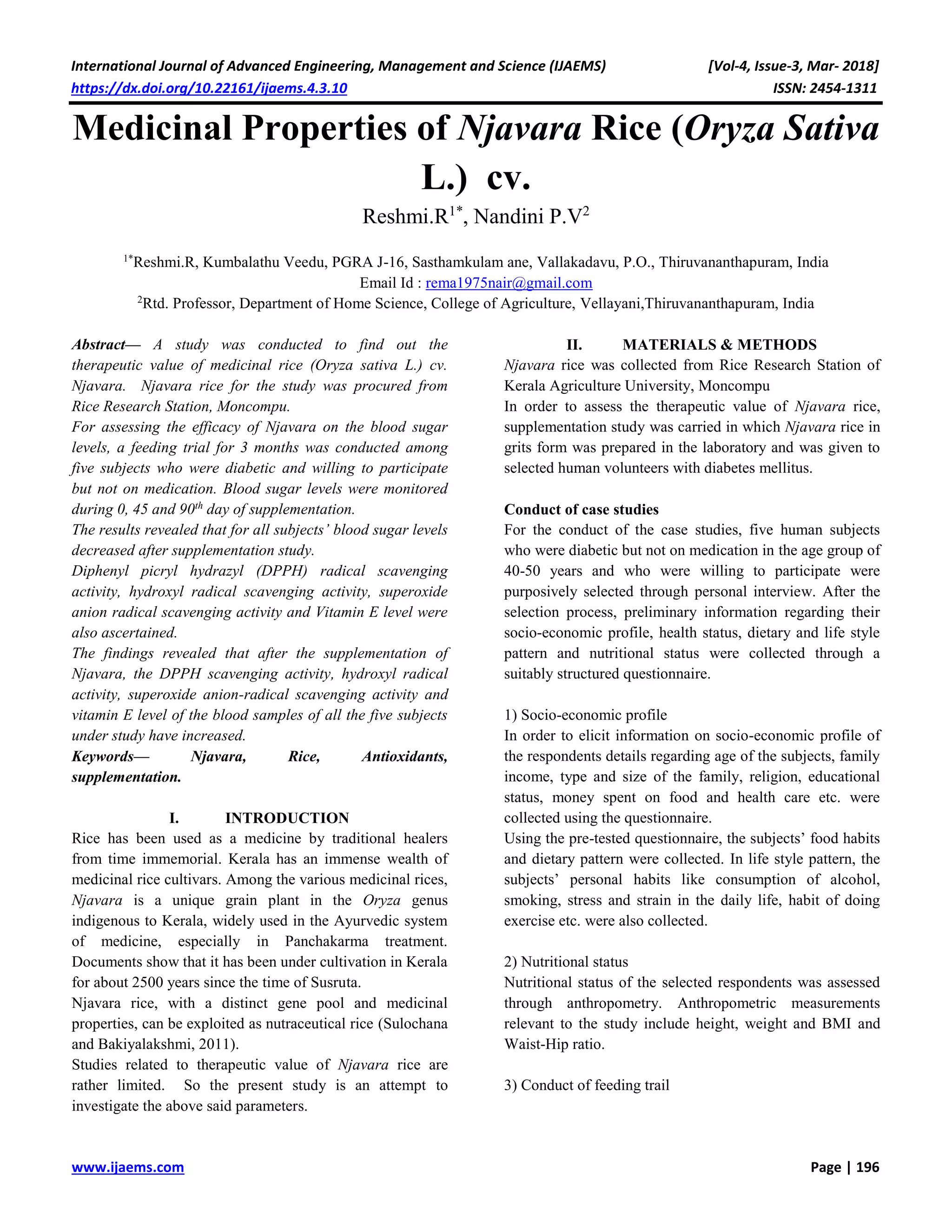 Medicinal Properties of Njavara Rice (Oryza Sativa L.) cv. | PDF | Herbs and Supplements ...