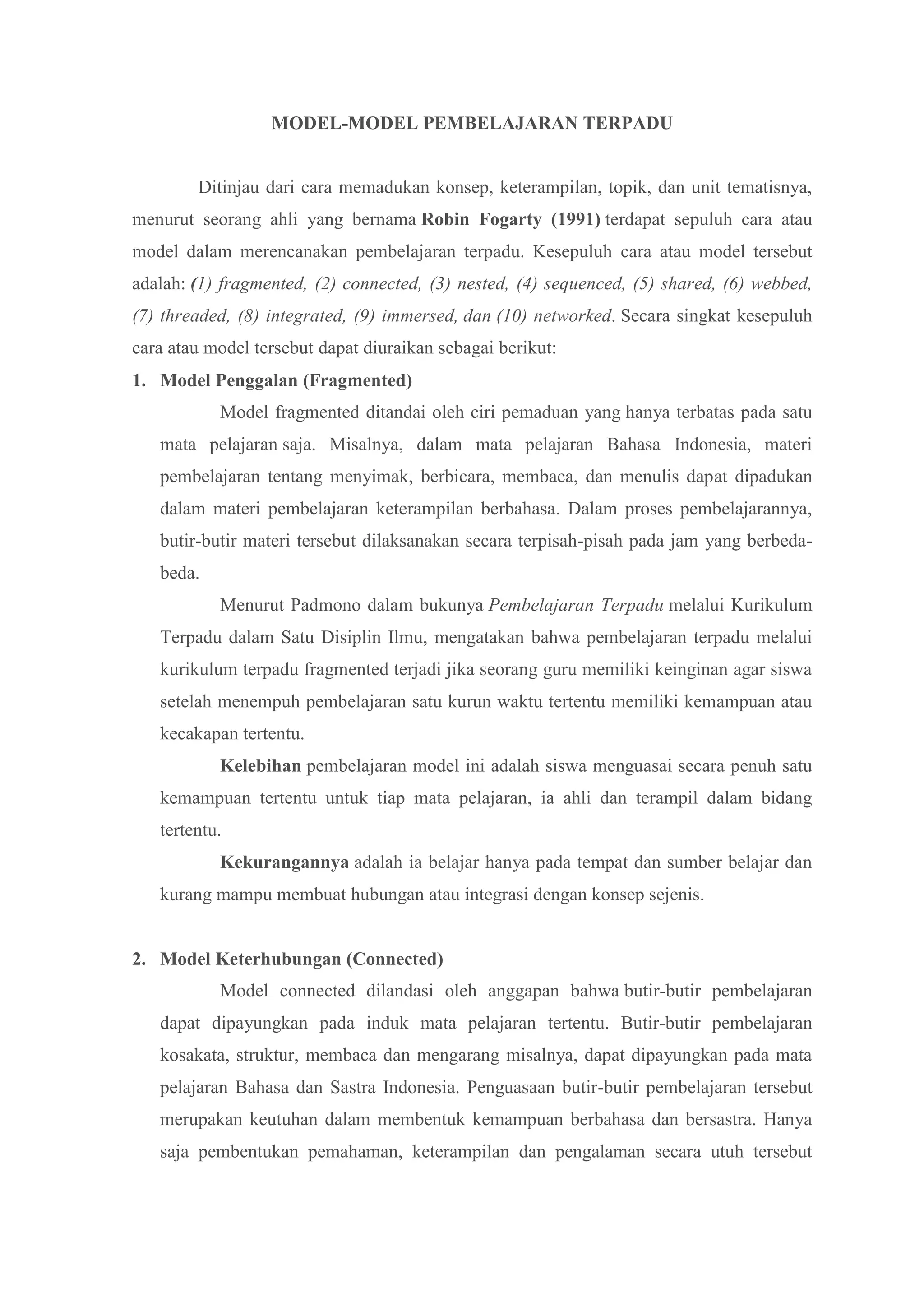 10 model pembelajaran sains terpadu | DOCX