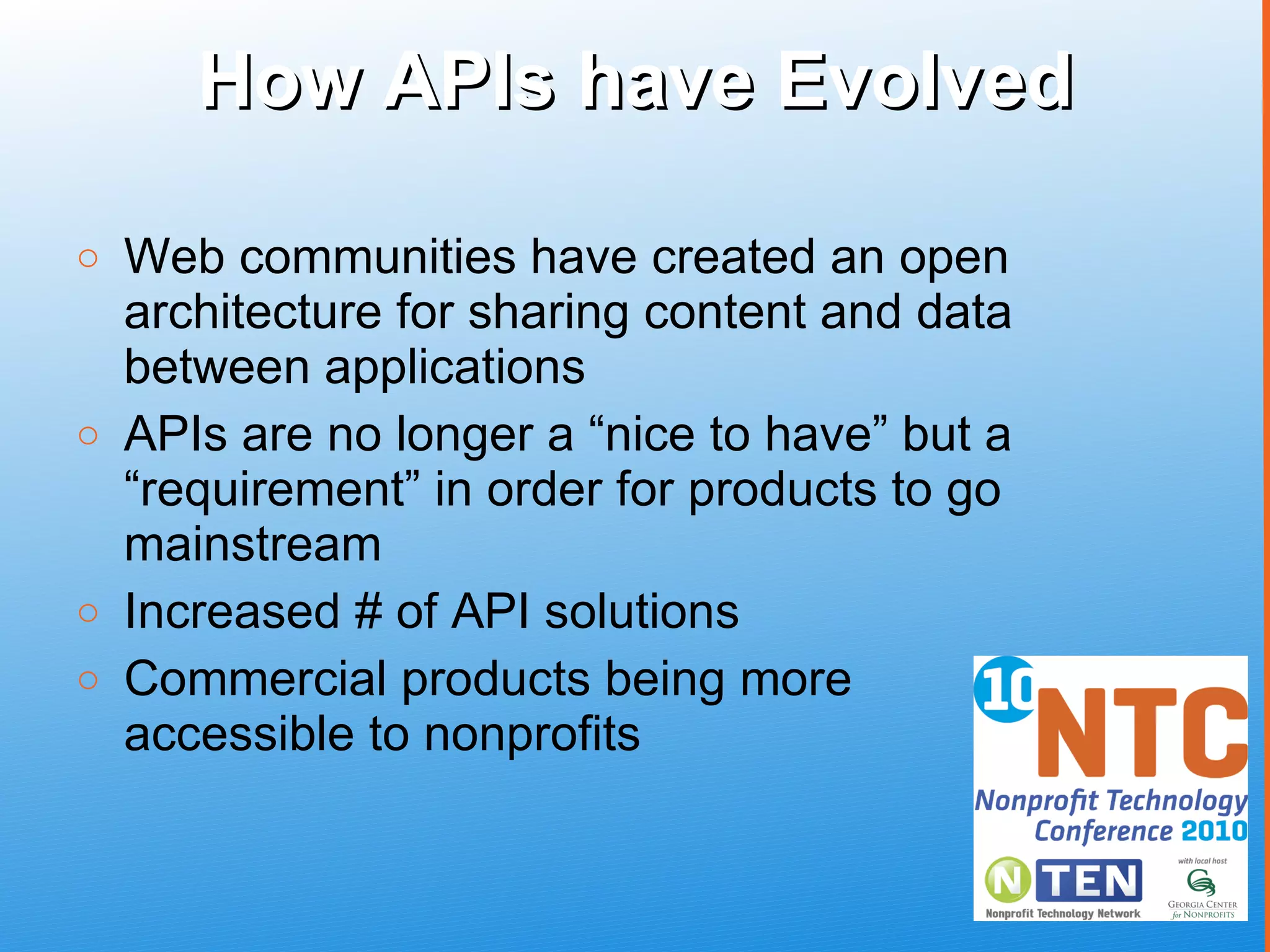 Open APIs- what's happened, who's used it, and what's on the horizon on ...