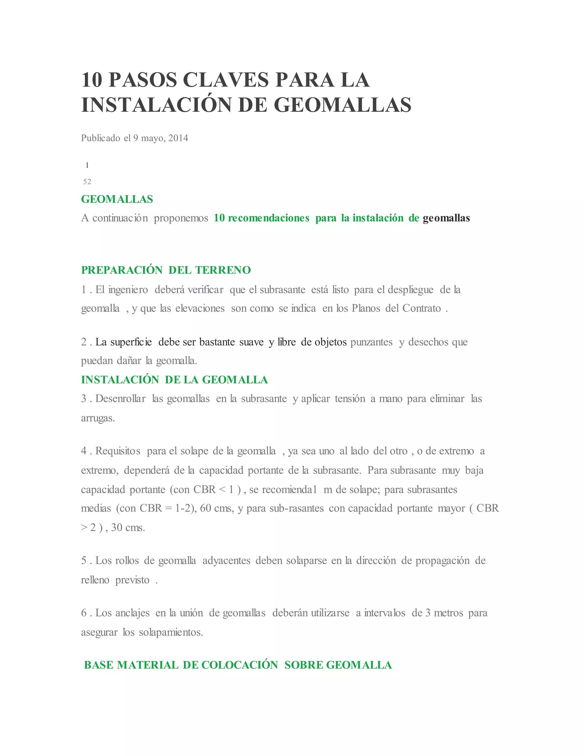 10 pasos claves para la instalación de geomallas | DOCX