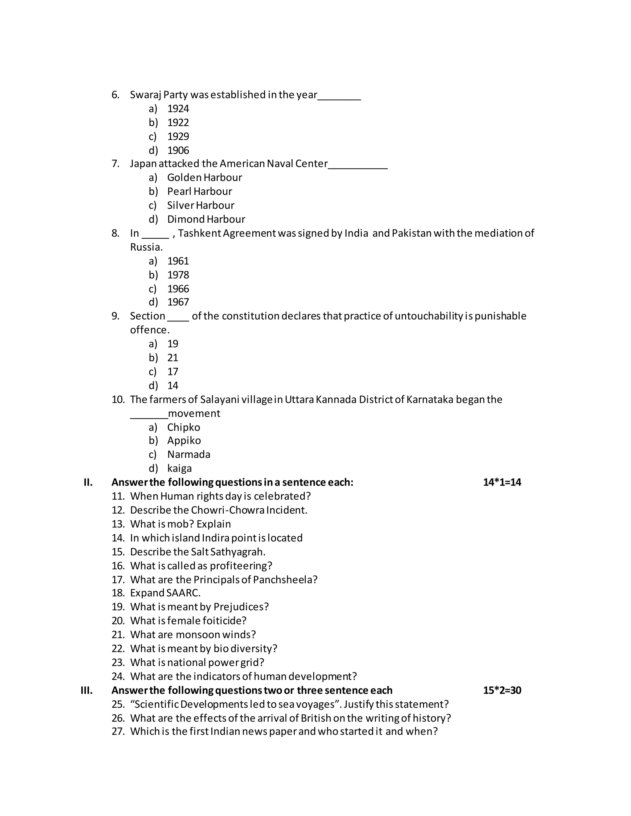 10 social science preparatory question paper | DOCX