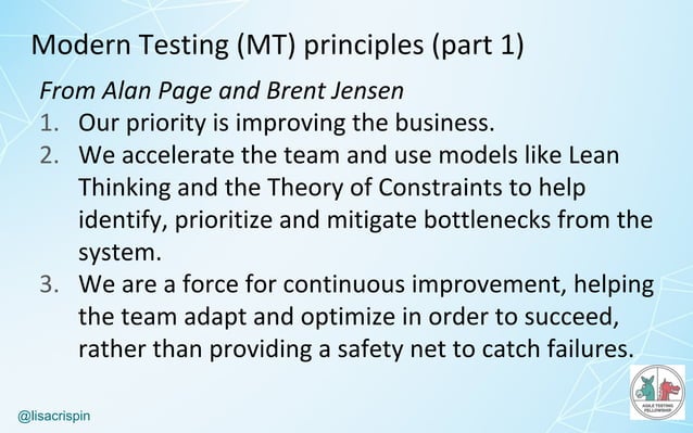 Principles for Agile Testers and Modern Testing Principles | PPT
