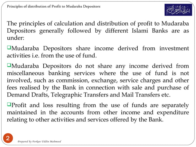 Principles of distribution of profit to mudaraba depositors (weightage ...