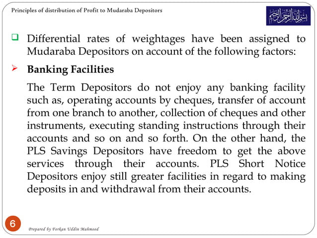 Principles of distribution of profit to mudaraba depositors (weightage ...