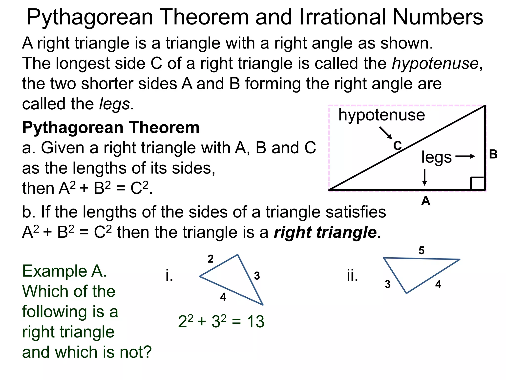 10 pythagorean theorem, square roots and irrational numbers | PPT