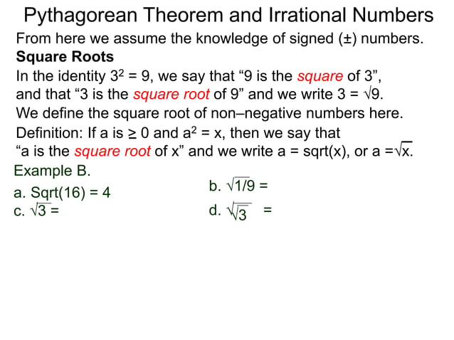 10 pythagorean theorem, square roots and irrational numbers | PPT