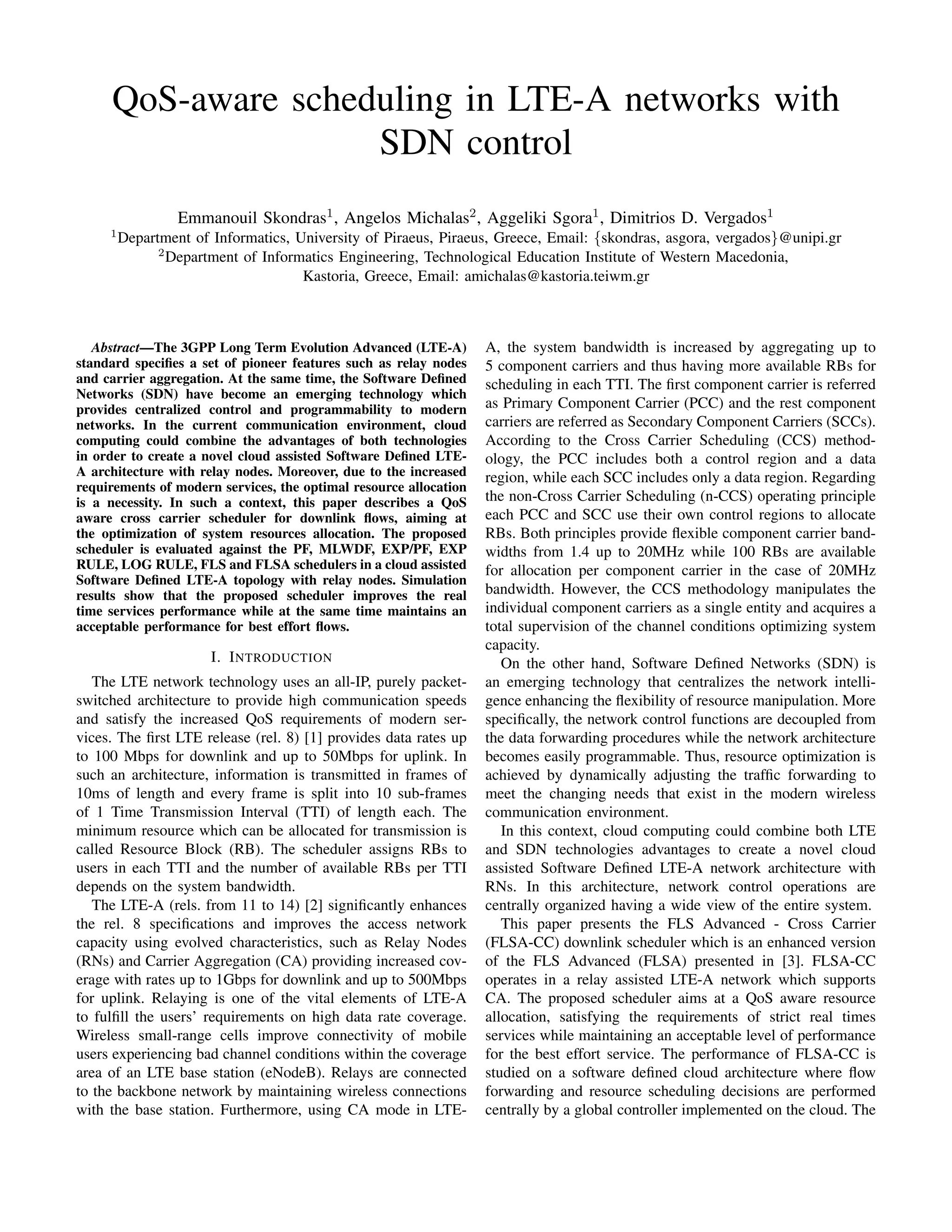 QoS-aware scheduling in LTE-A networks with SDN control | PDF