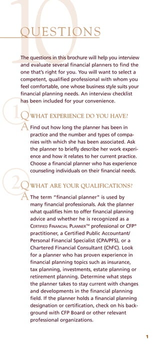 10 Questions to Ask when Choosing a Financial Planner | PDF