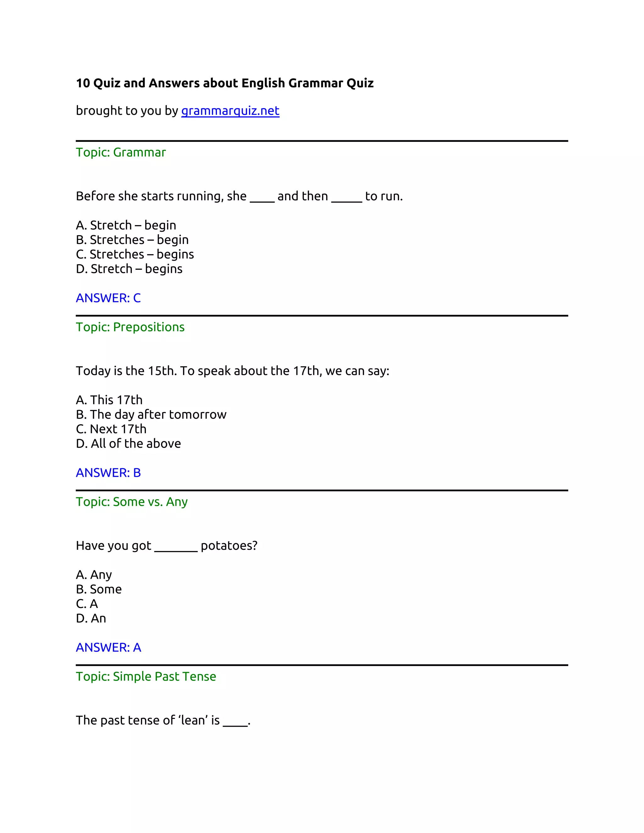 10 quiz and answers about english grammar quiz | PDF