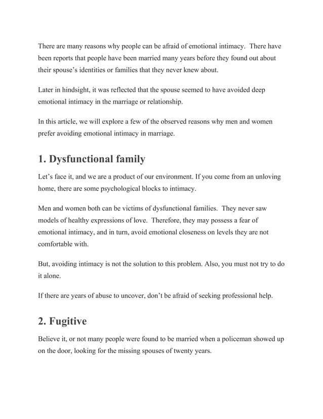 10 Reasons Why Men And Women Avoid Emotional Intimacy Docx