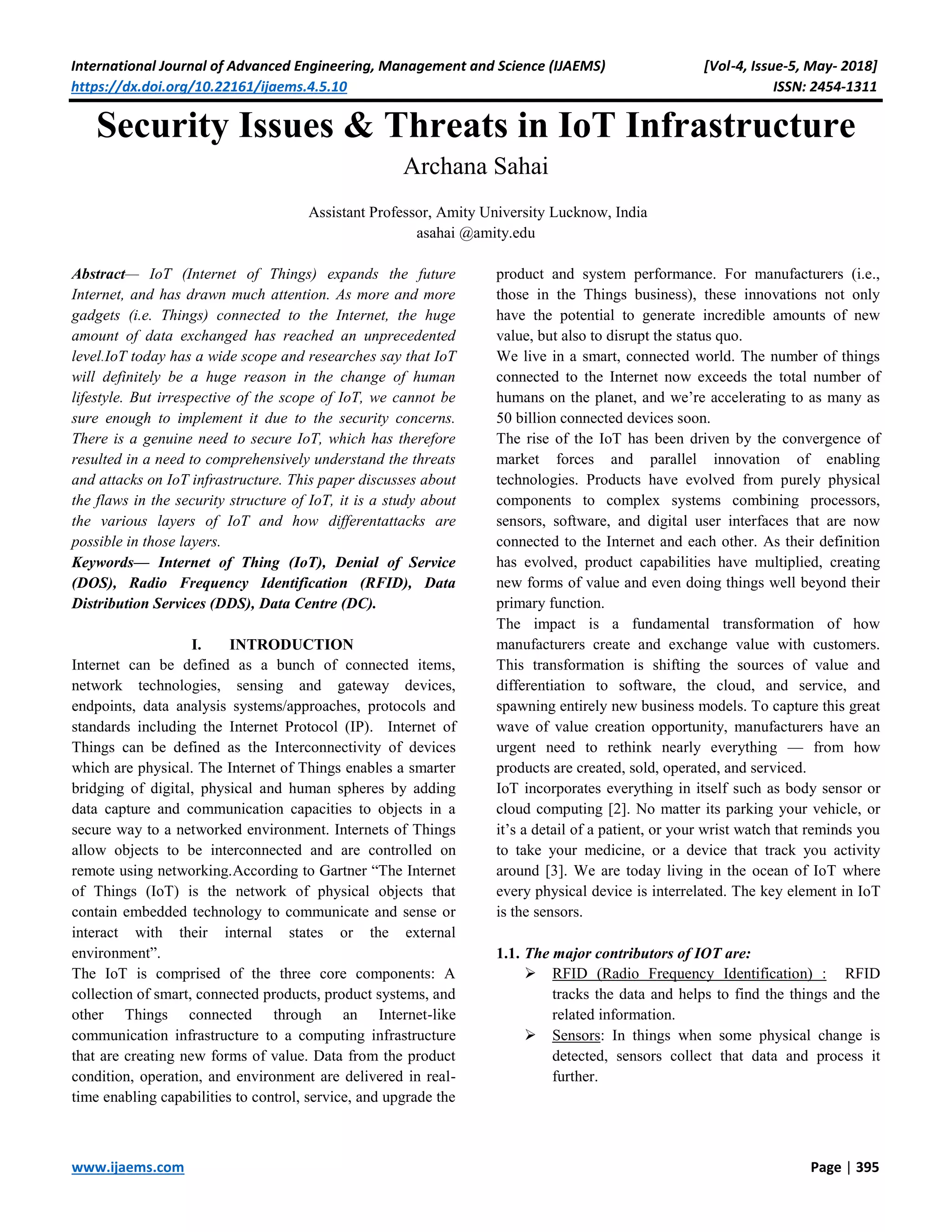 Security Issues & Threats in IoT Infrastructure | PDF