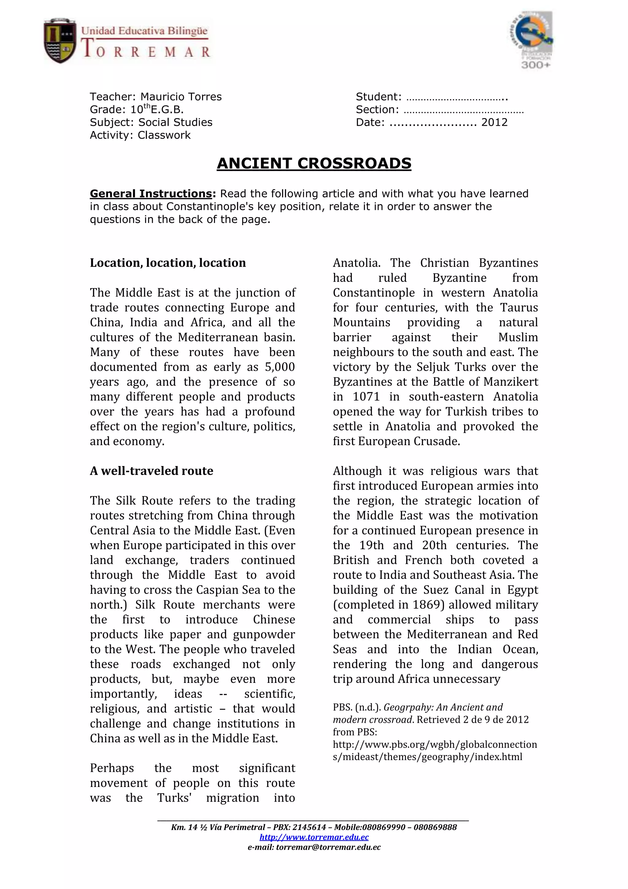 Ancient Crossroads | DOCX | Asia Travel | Travel Locations