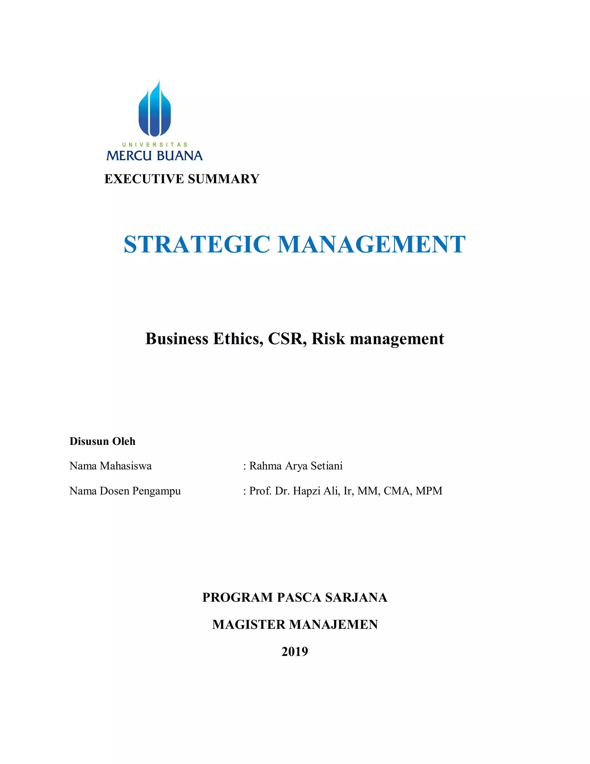 10, SM, Rahma Arya S, Hapzi Ali, Strategic Management: Business Ethics, CSR, and Risk Management ...