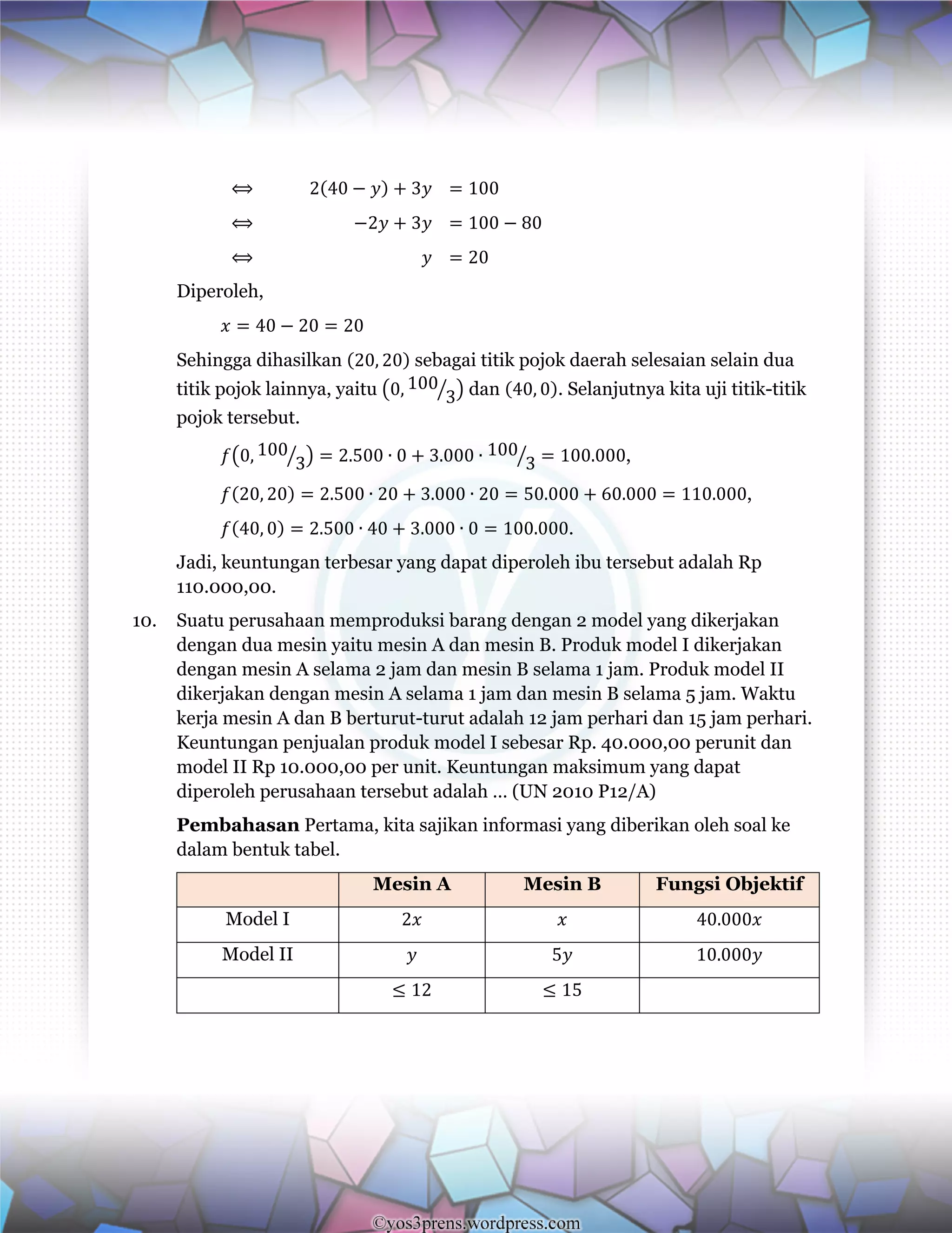 10 soal dan pembahasan permasalahan program linear | PDF