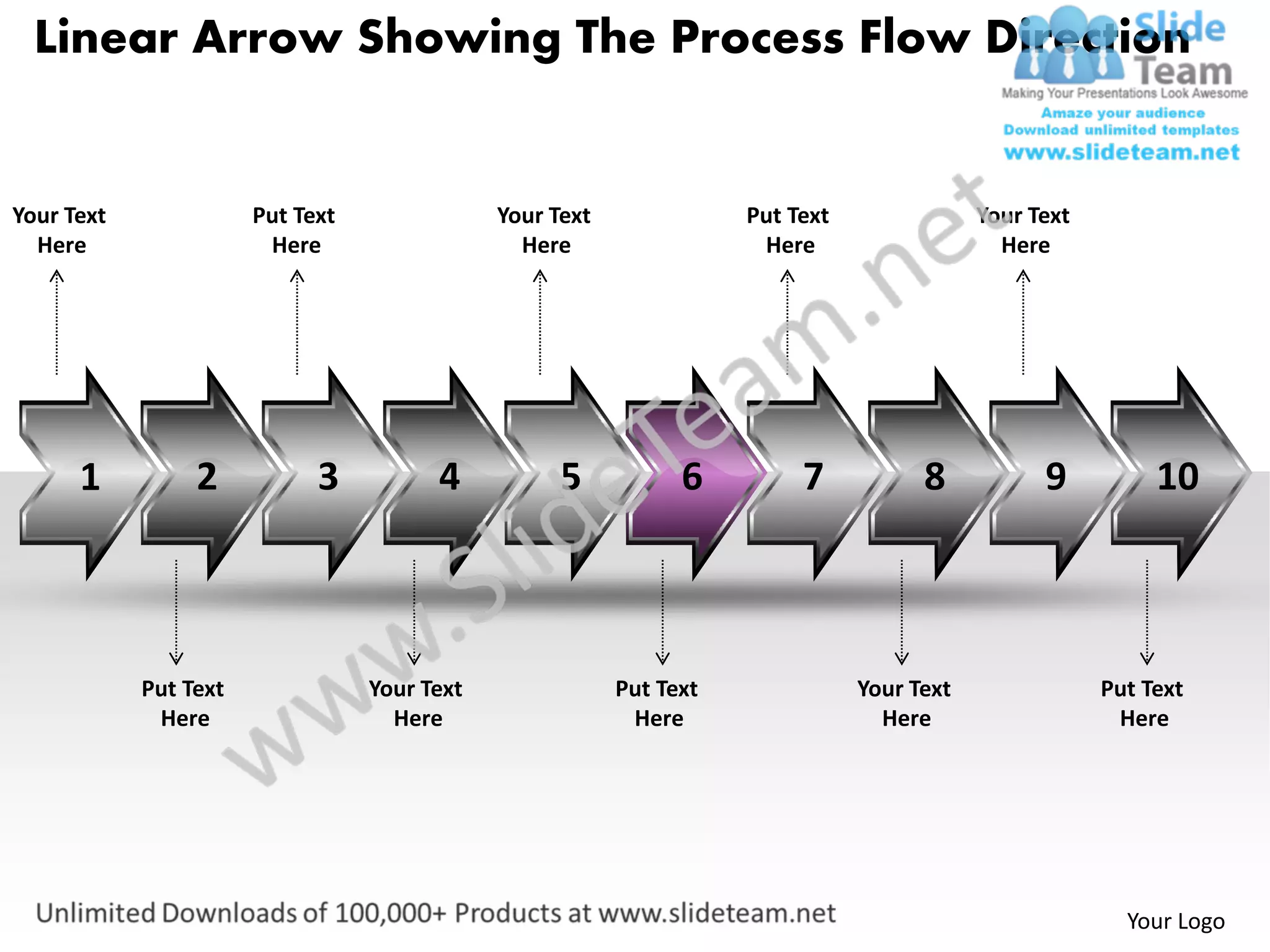 10 stages linear arrow showing the process flow direction slide shop ...