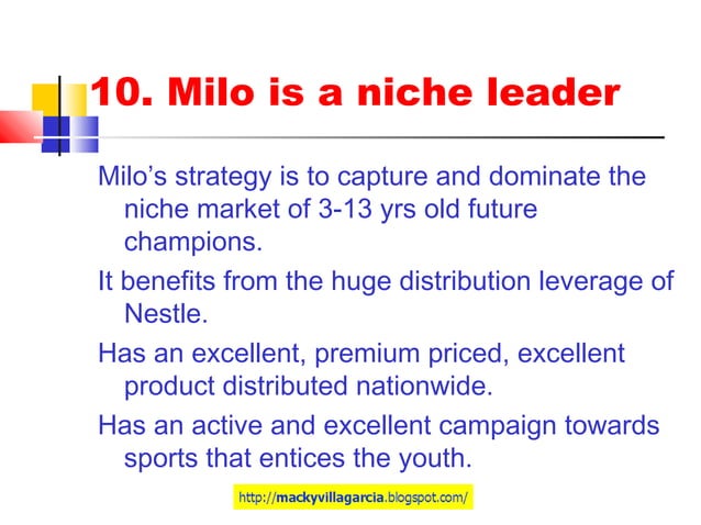 Marketing Plan - Milo - Villagarcia | PPT | Business | Business and Finance