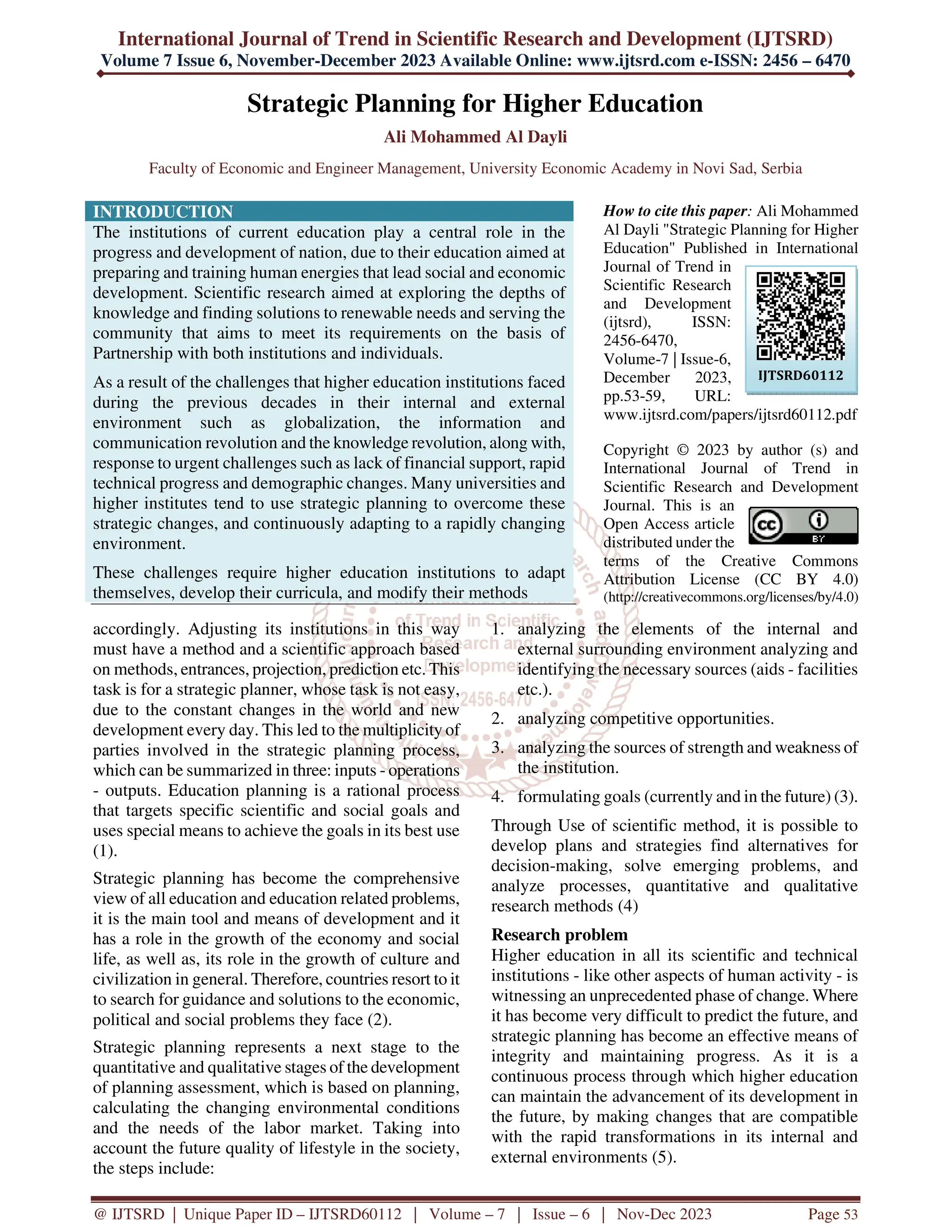 Strategic Planning for Higher Education | PDF