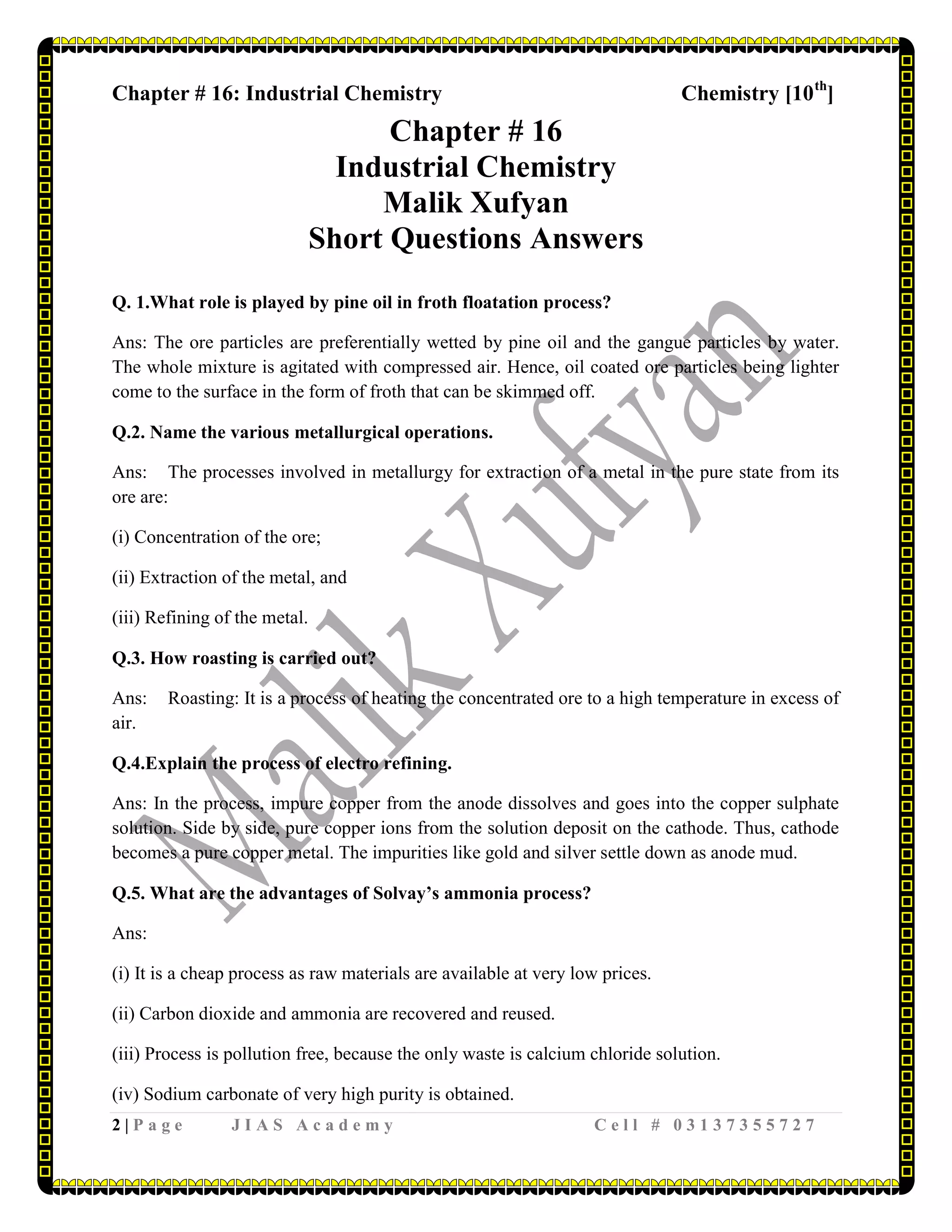 10th Chemistry. Ch.16. Exercise Solved (Malik Xufyan) | PDF