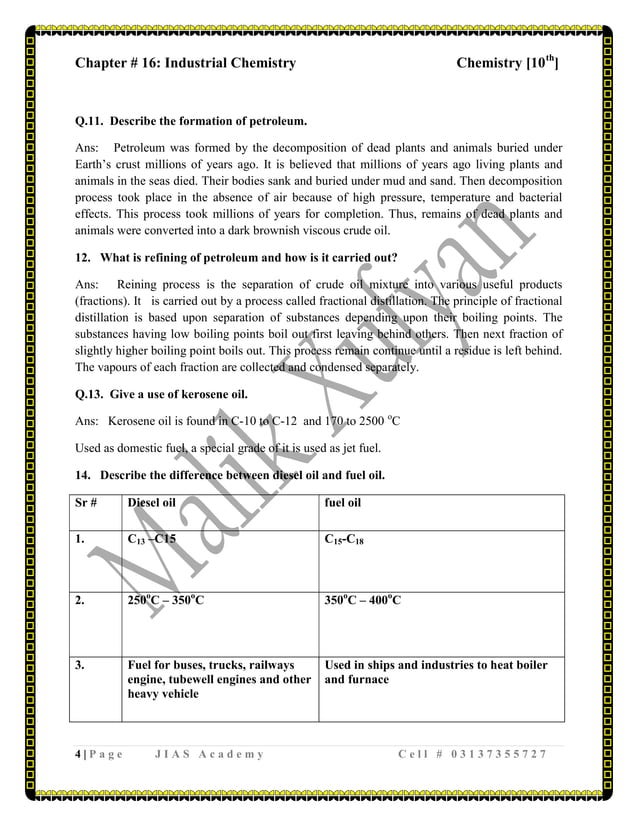 10th Chemistry. Ch.16. Exercise Solved (Malik Xufyan) | PDF