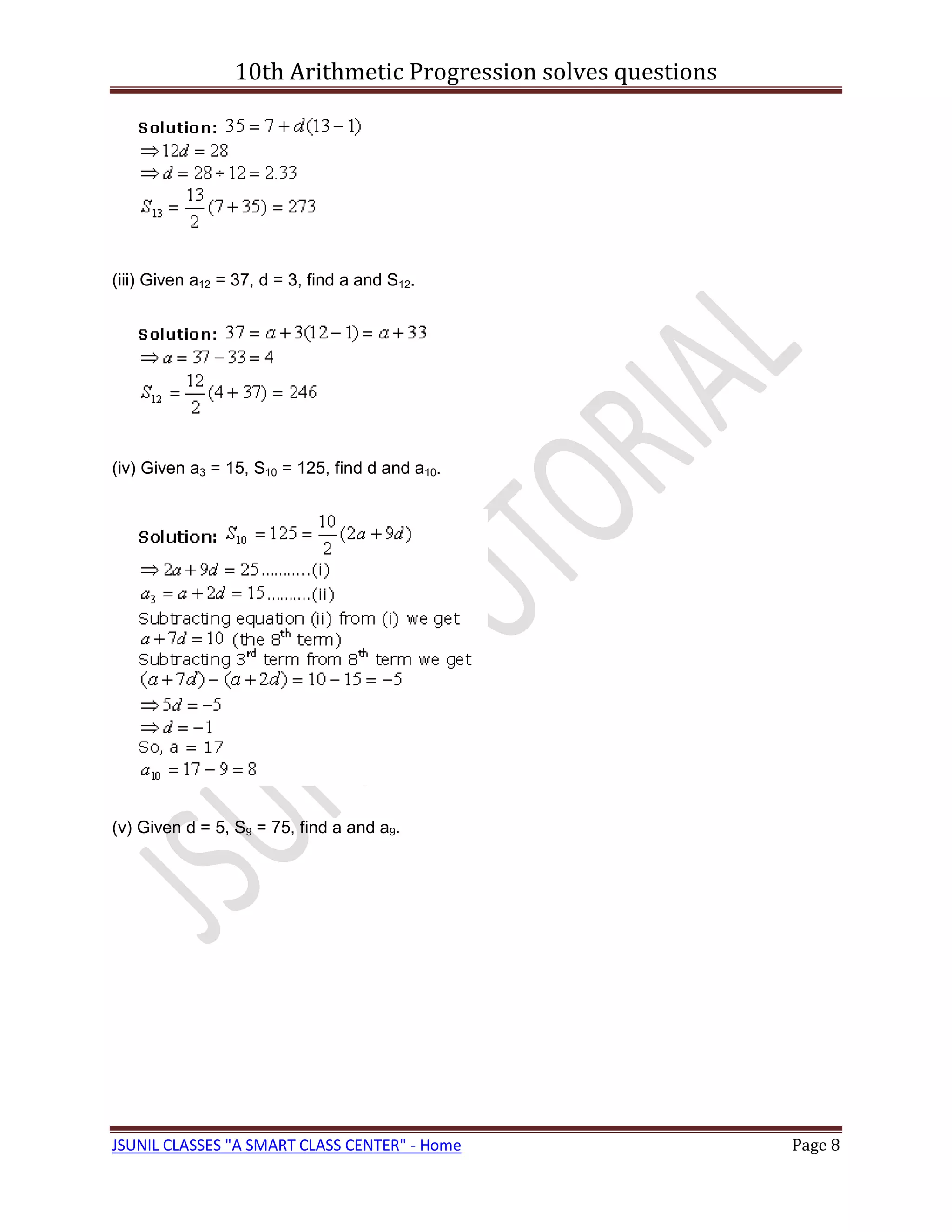10th arithmetic progression solves questions | PDF