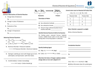 Chemical Reaction & equations quiz sheet | PPT