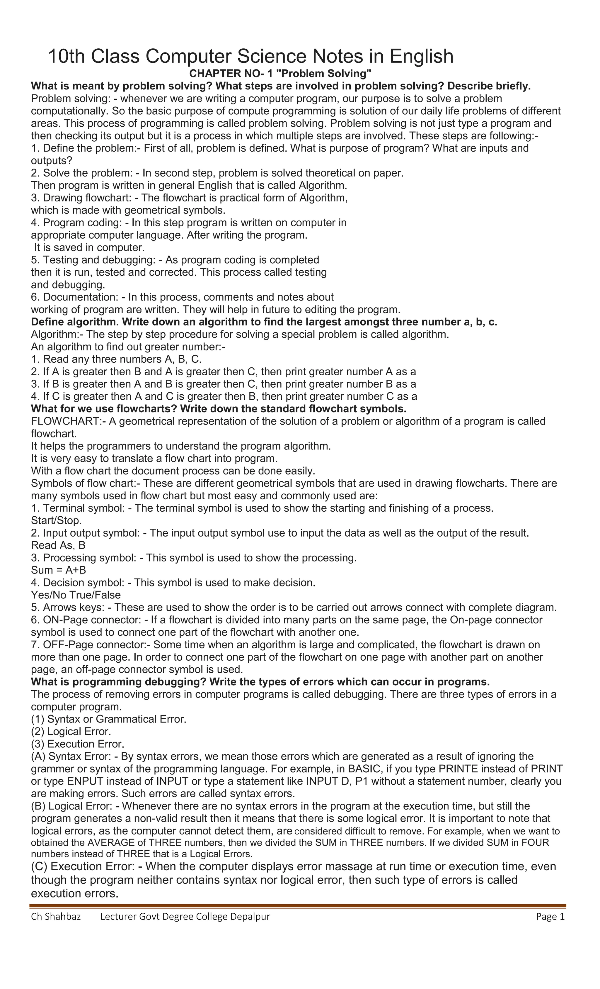 10th class computer science notes in english by cstechz | PDF
