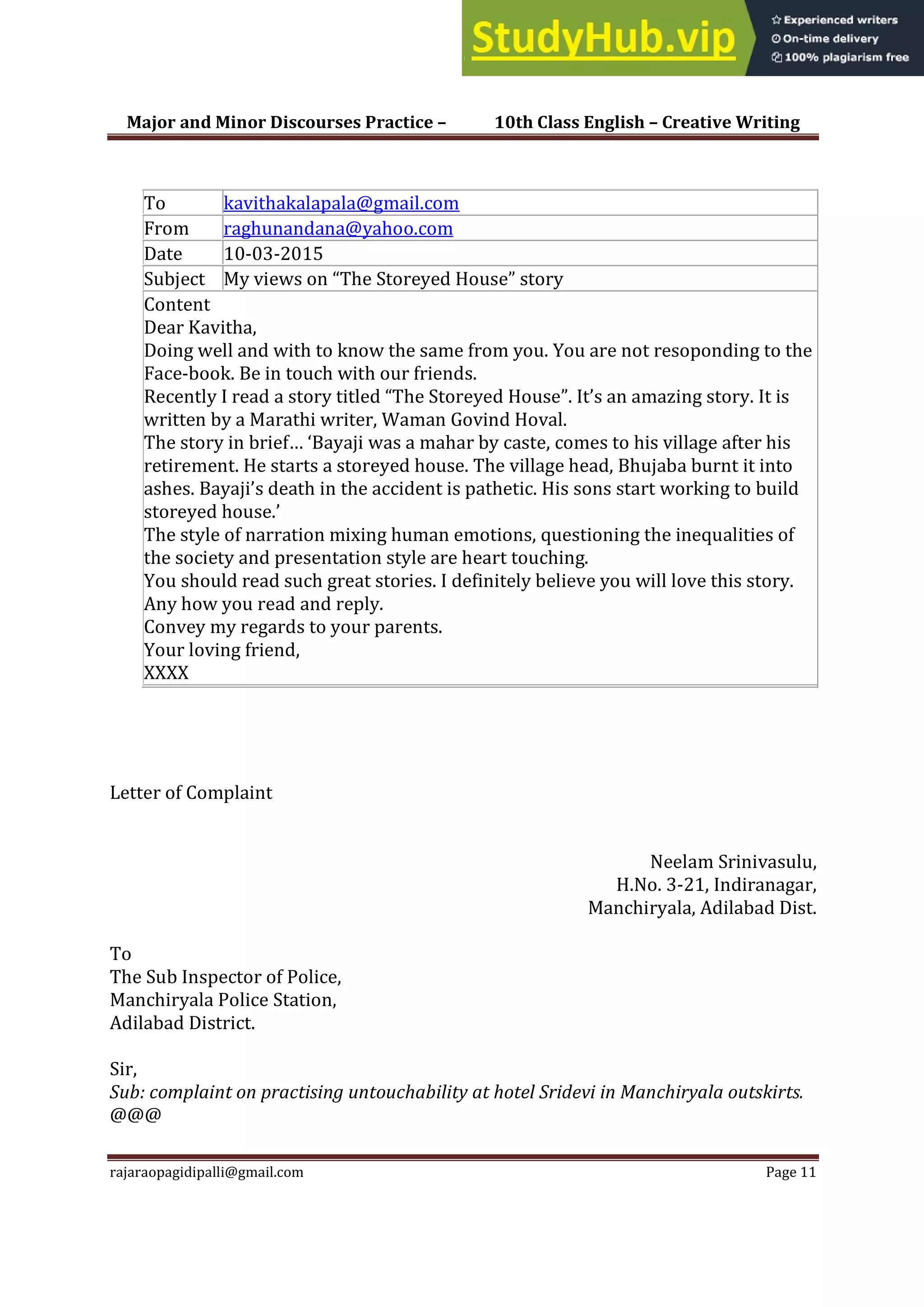 10Th Class English Discourse Writing - Creative Writing - Textual ...