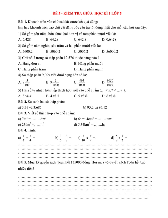 10 đề kiểm tra giữa học kỳ 1 môn Toán lớp 5 | iHoc.me - Đề thi môn toán | PDF