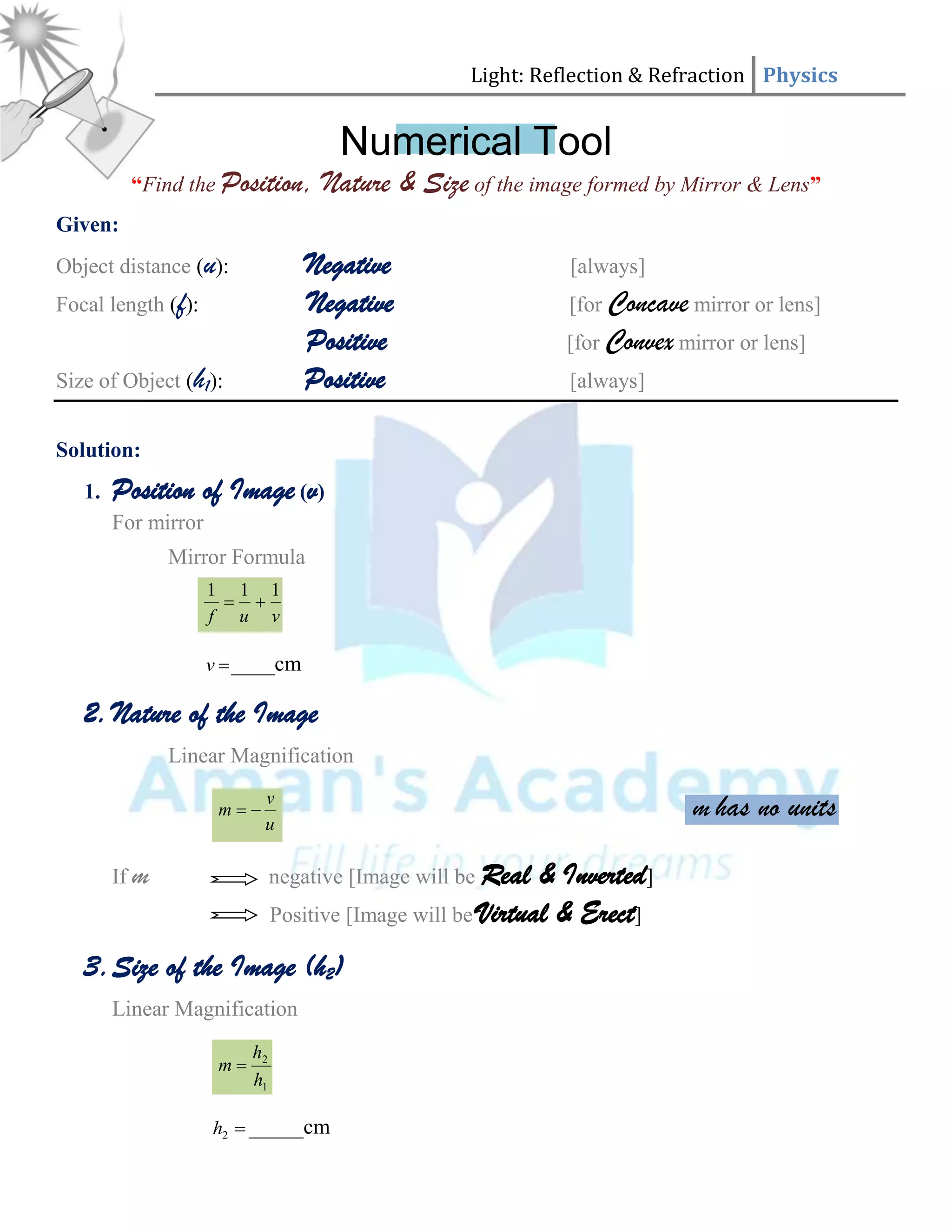 Science class 10th Reflection & Refraction Numerical Tool | PDF