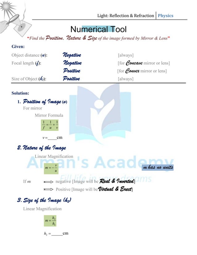 Science class 10th Reflection & Refraction Numerical Tool | PDF