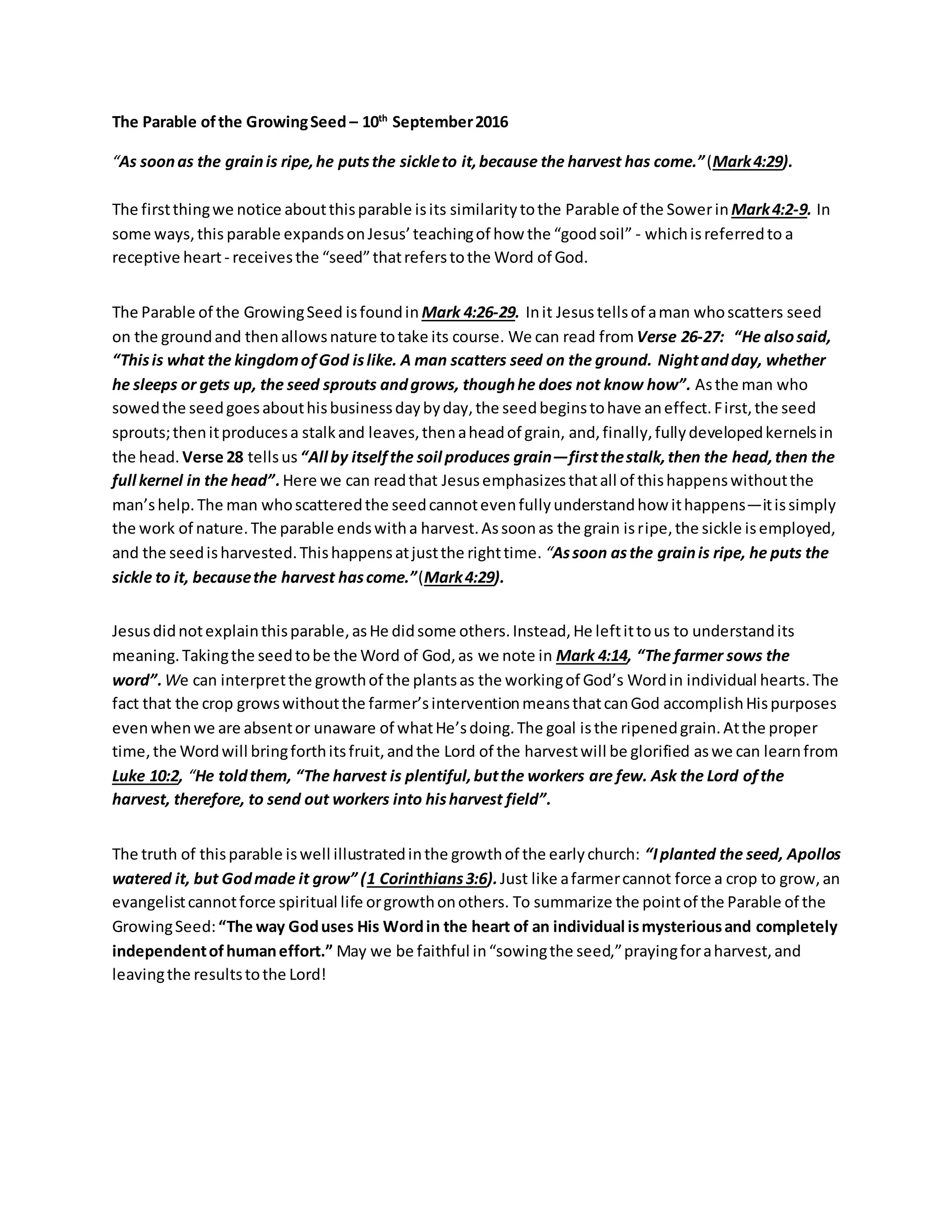 10th September 2016 - The Parable of the Growing seed | DOCX