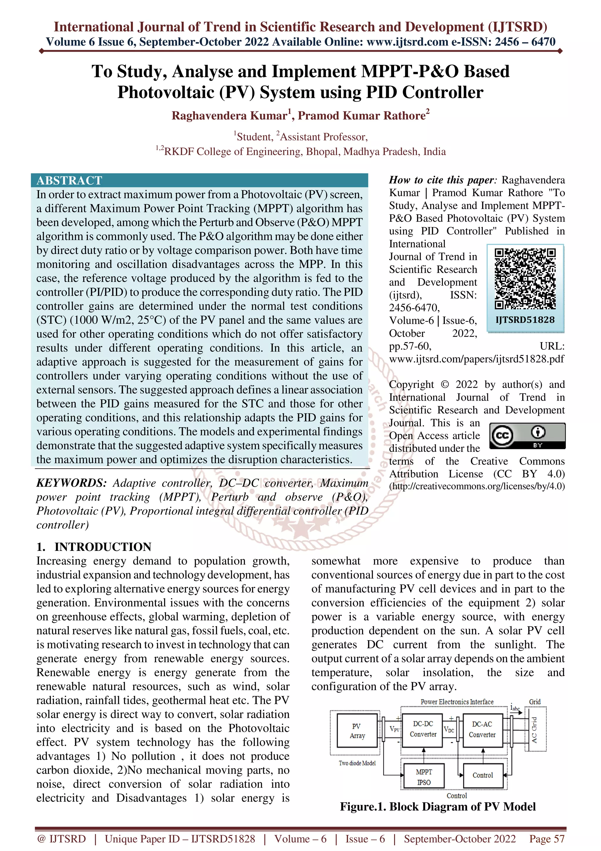 To Study, Analyse and Implement MPPT PandO Based Photovoltaic PV System using PID Controller ...