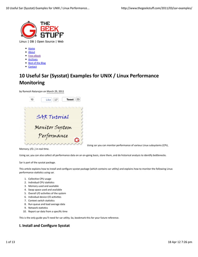 10 Useful Sar Sysstat Examples For Unix Linux Performance Monitoring Pdf
