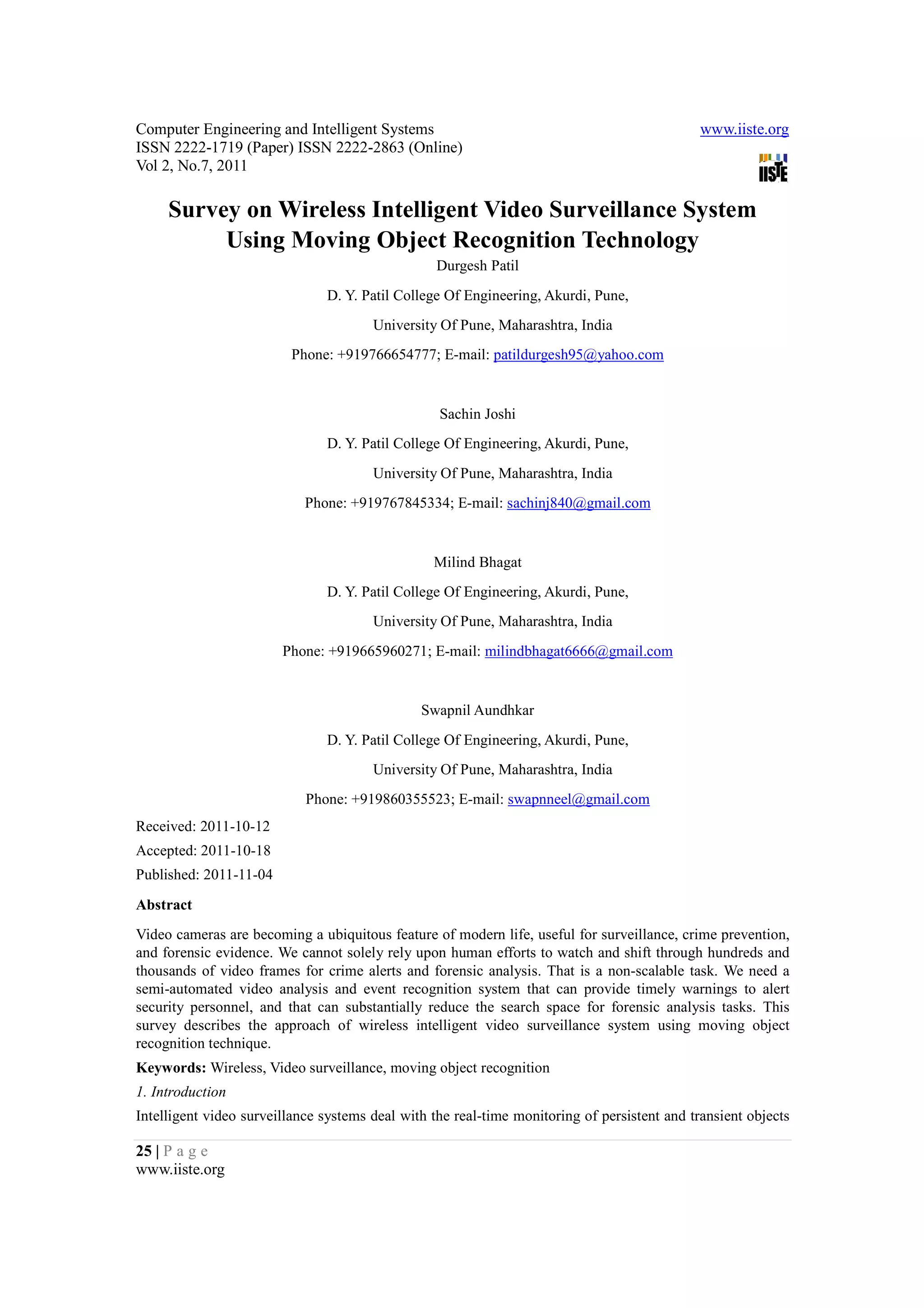 11.0003www.iiste.org call for paper.survey on wireless intelligent video surveillance system ...