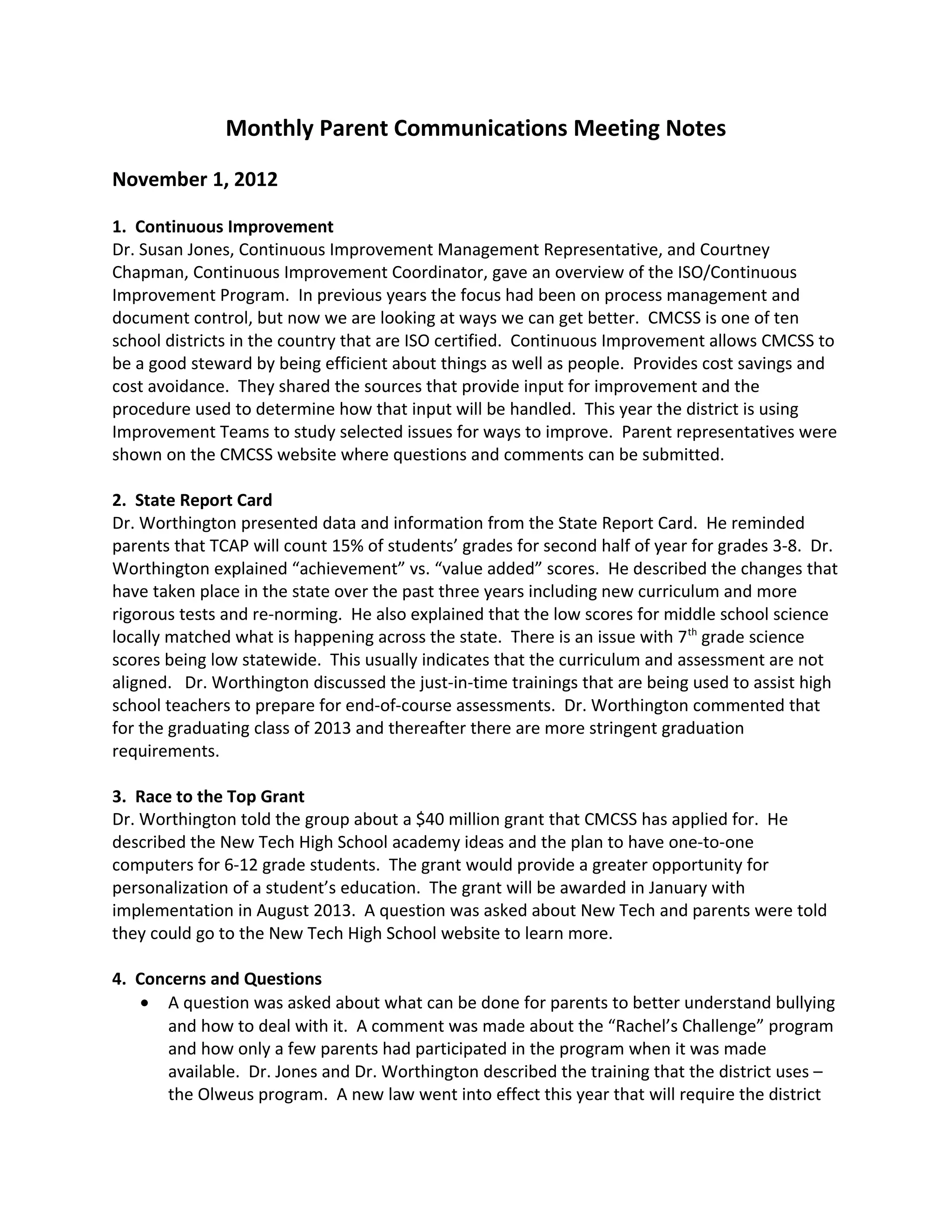 11 01-12 parent communications | DOC | Educational Assessment | Education