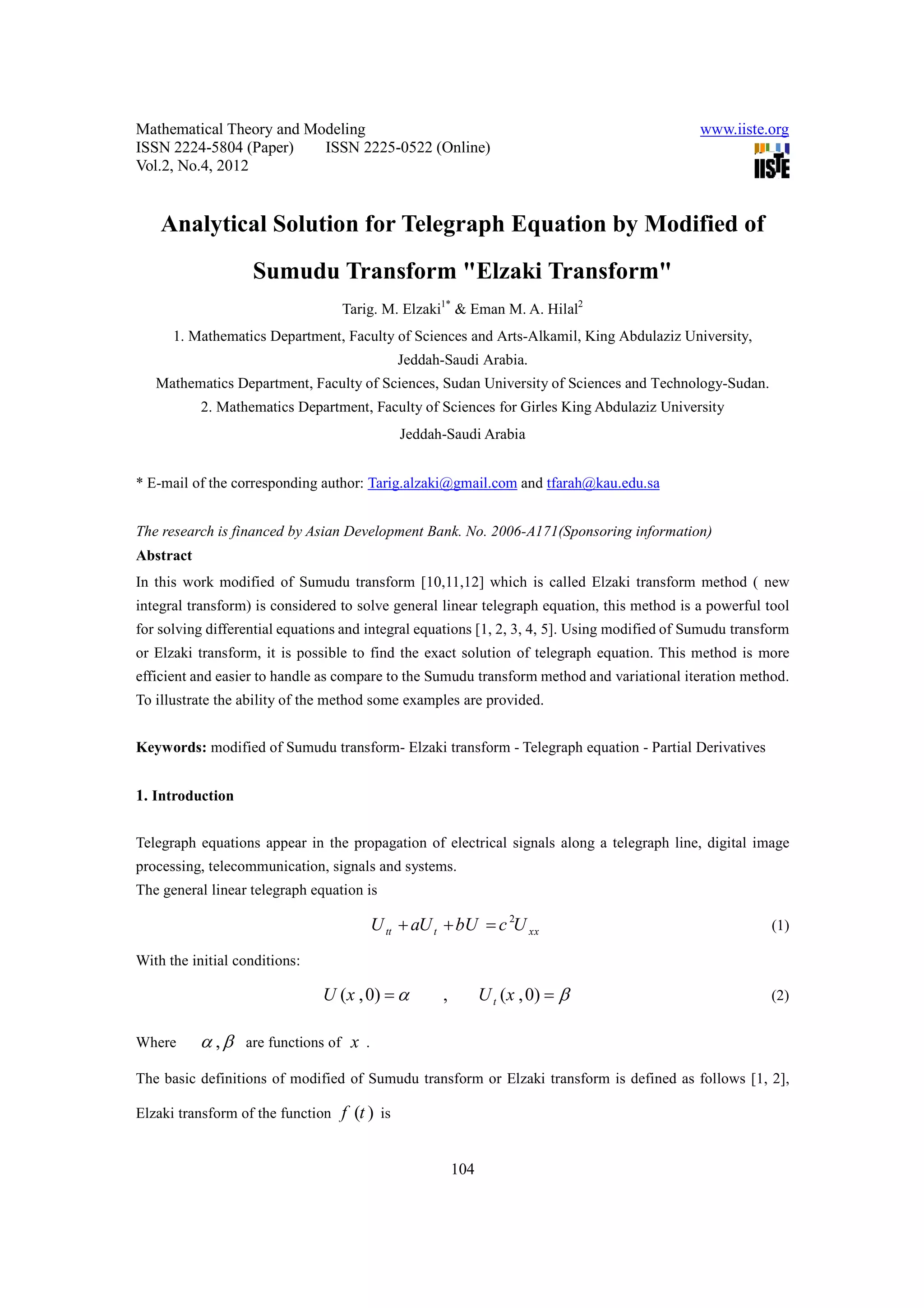 11.[104 111]analytical solution for telegraph equation by modified of sumudu transform elzaki ...