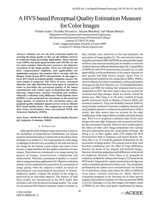 A HVS based Perceptual Quality Estimation Measure for Color Images | PDF