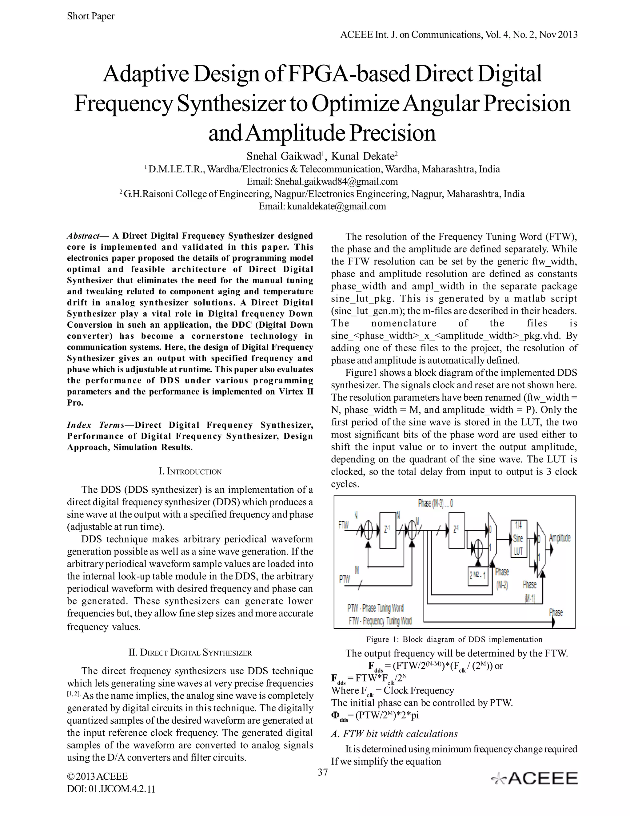 Adaptive Design of FPGA-based Direct Digital Frequency Synthesizer to Optimize Angular Precision ...